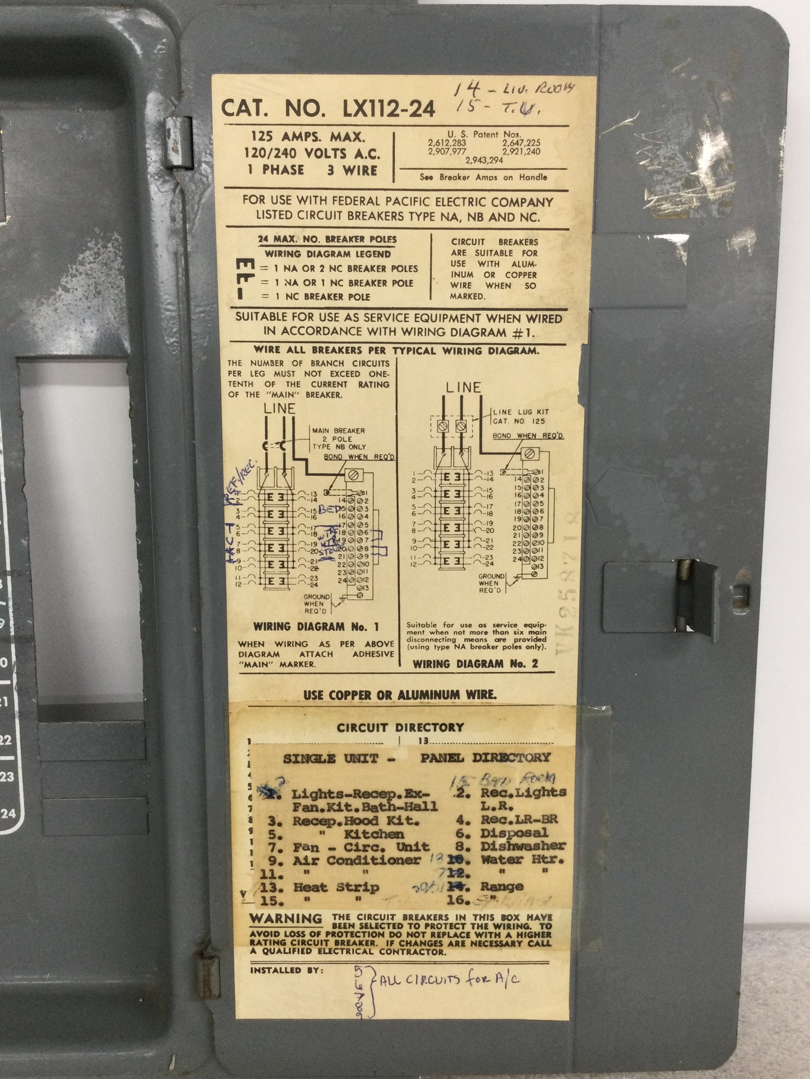 FPE Federal Pacific LX112-24 125 Amp 120/240v 1 Phase 3 Wire 24 Space