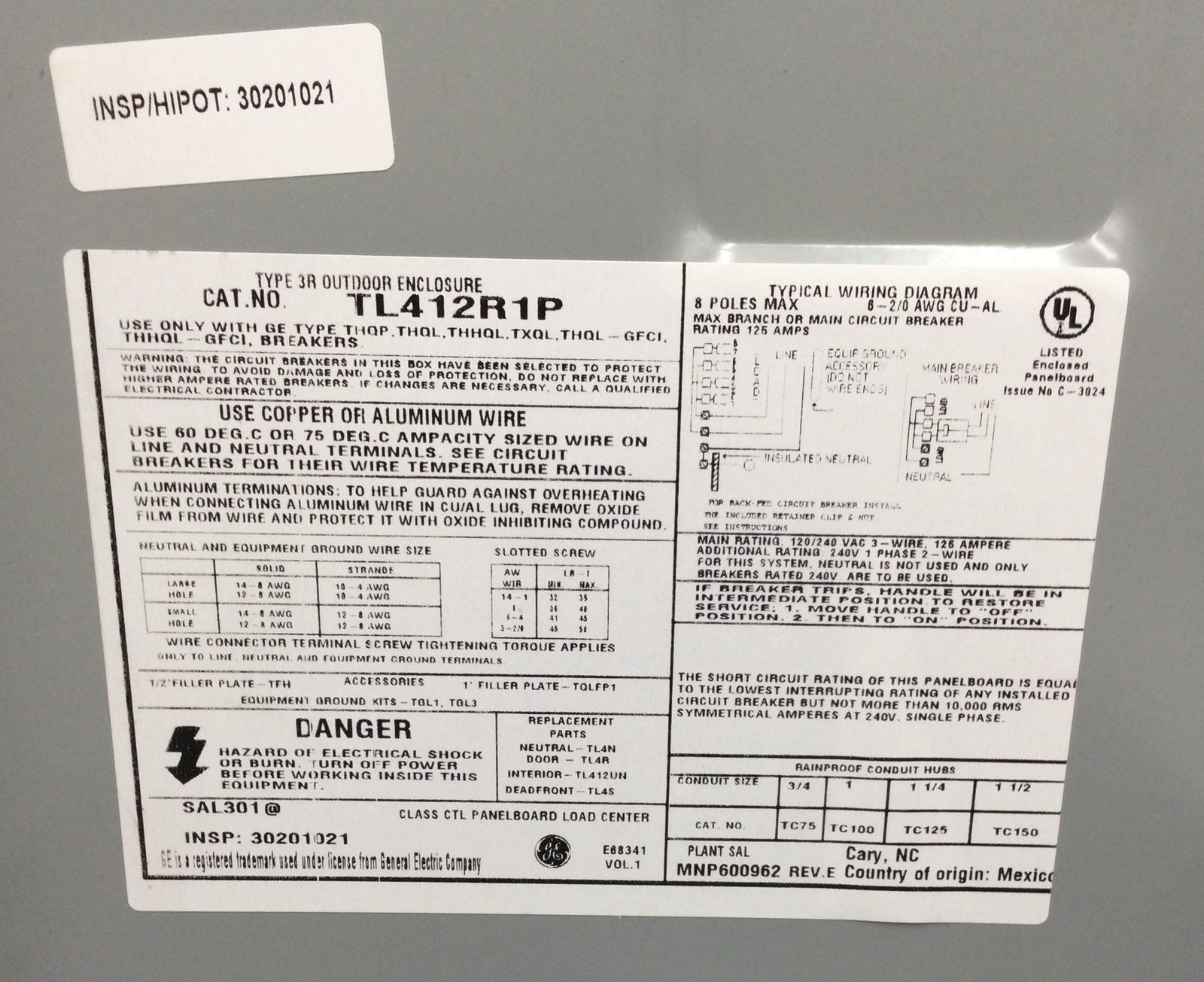 GE TL412R1P 125A Main Lug Standard Outdoor 3R Enclosure 4 Space 8 CIrc