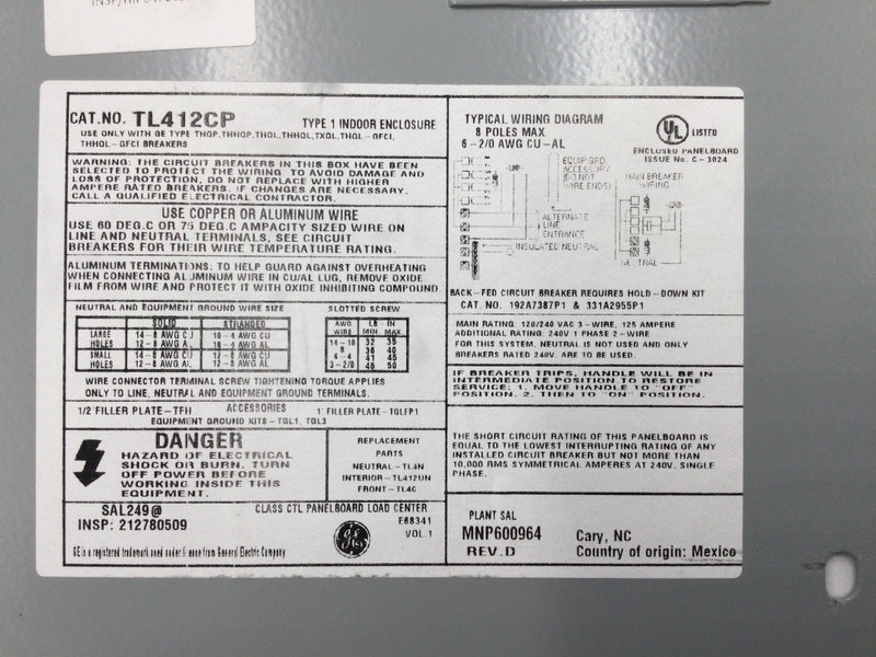 GE TL412CP PowerMark Gold Dead Front Only 125 Amp 4 Space 8 Circuit 10