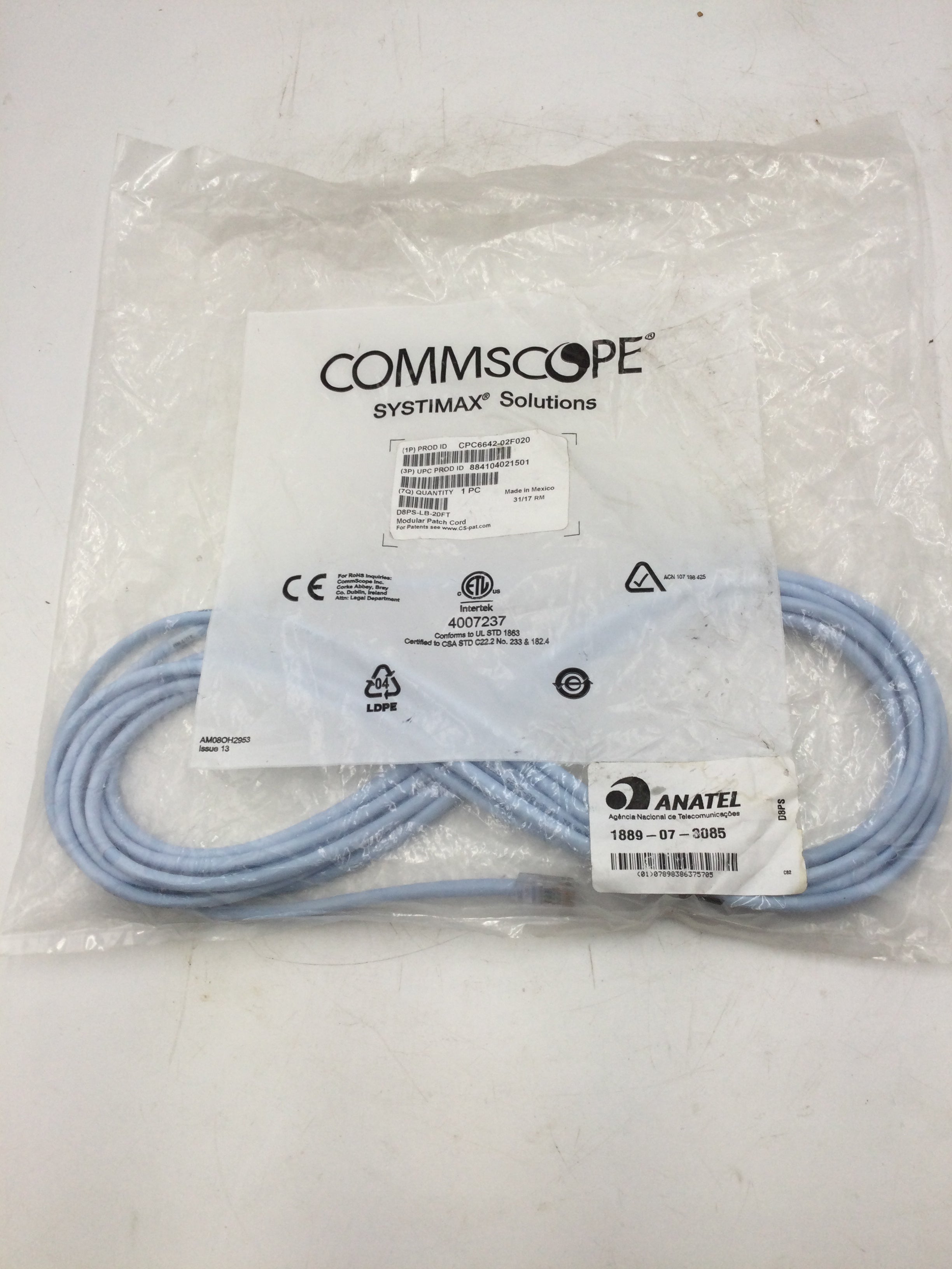 Commscope D8PS-LB-20FT 20 Ft Cable - Blue RJ45 - RJ45 Modular Patch Co