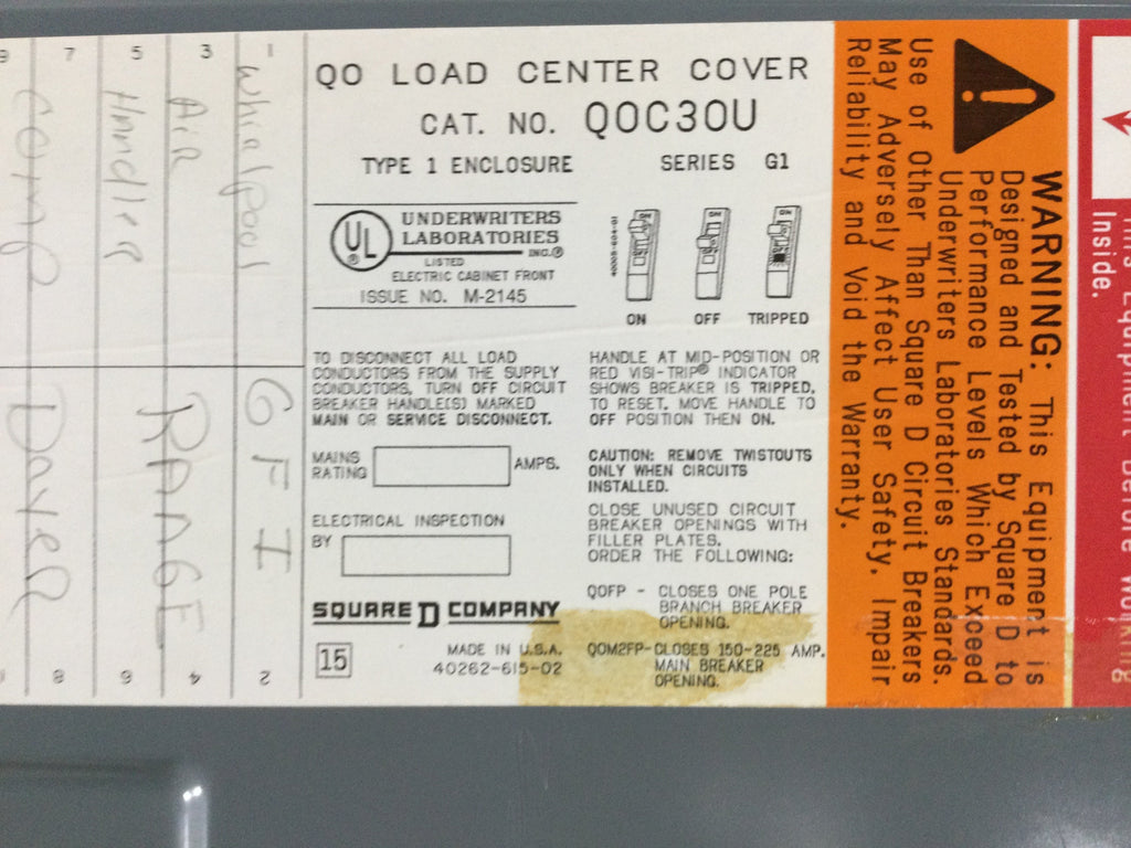 Square D QOC30U 200 Amp 30 Space QO Load Center Cover/Door Only With M