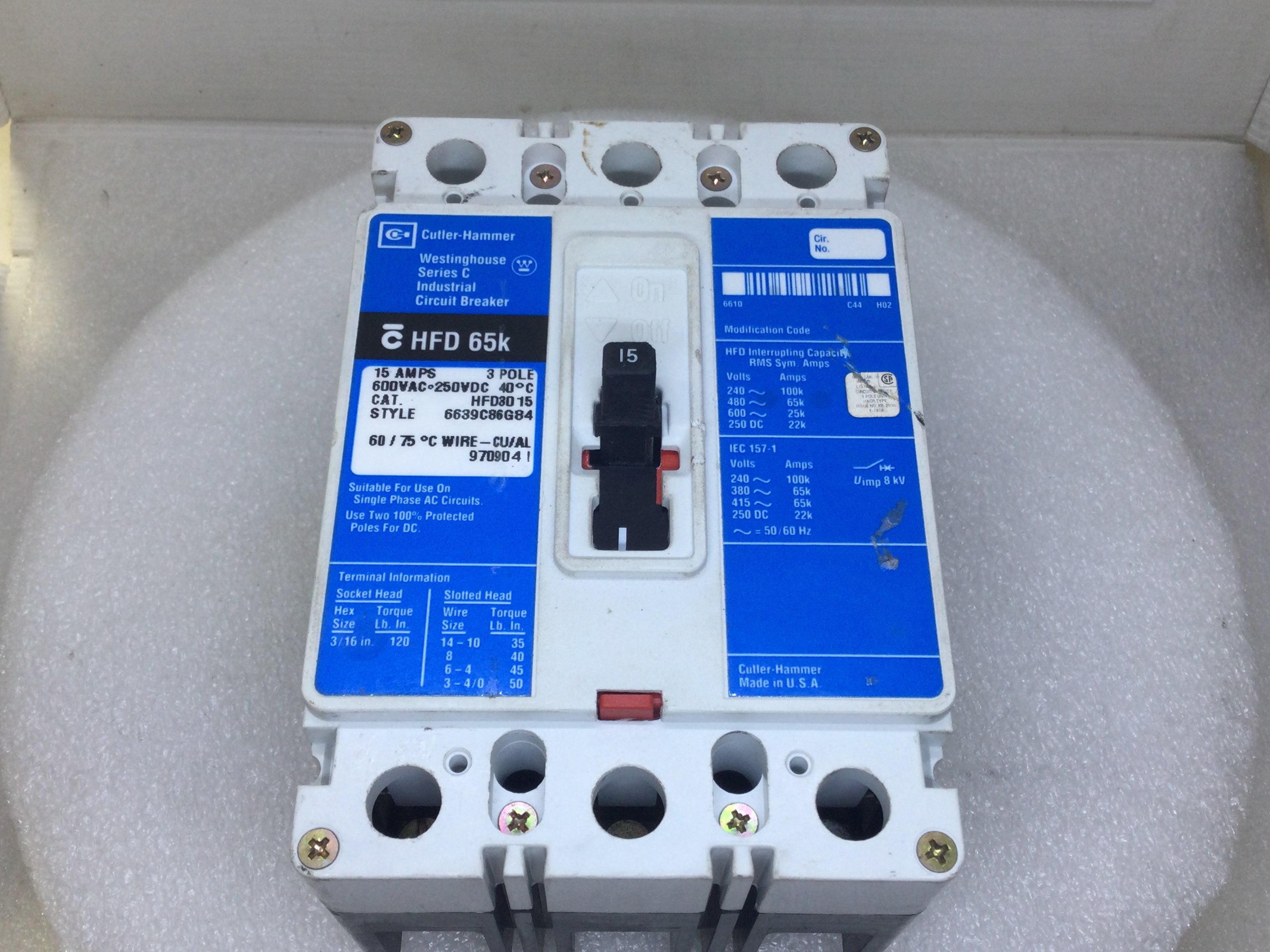 Cutler Hammer HFD3015 15 Amp 3 Pole 600V Type HFD Circuit Breaker