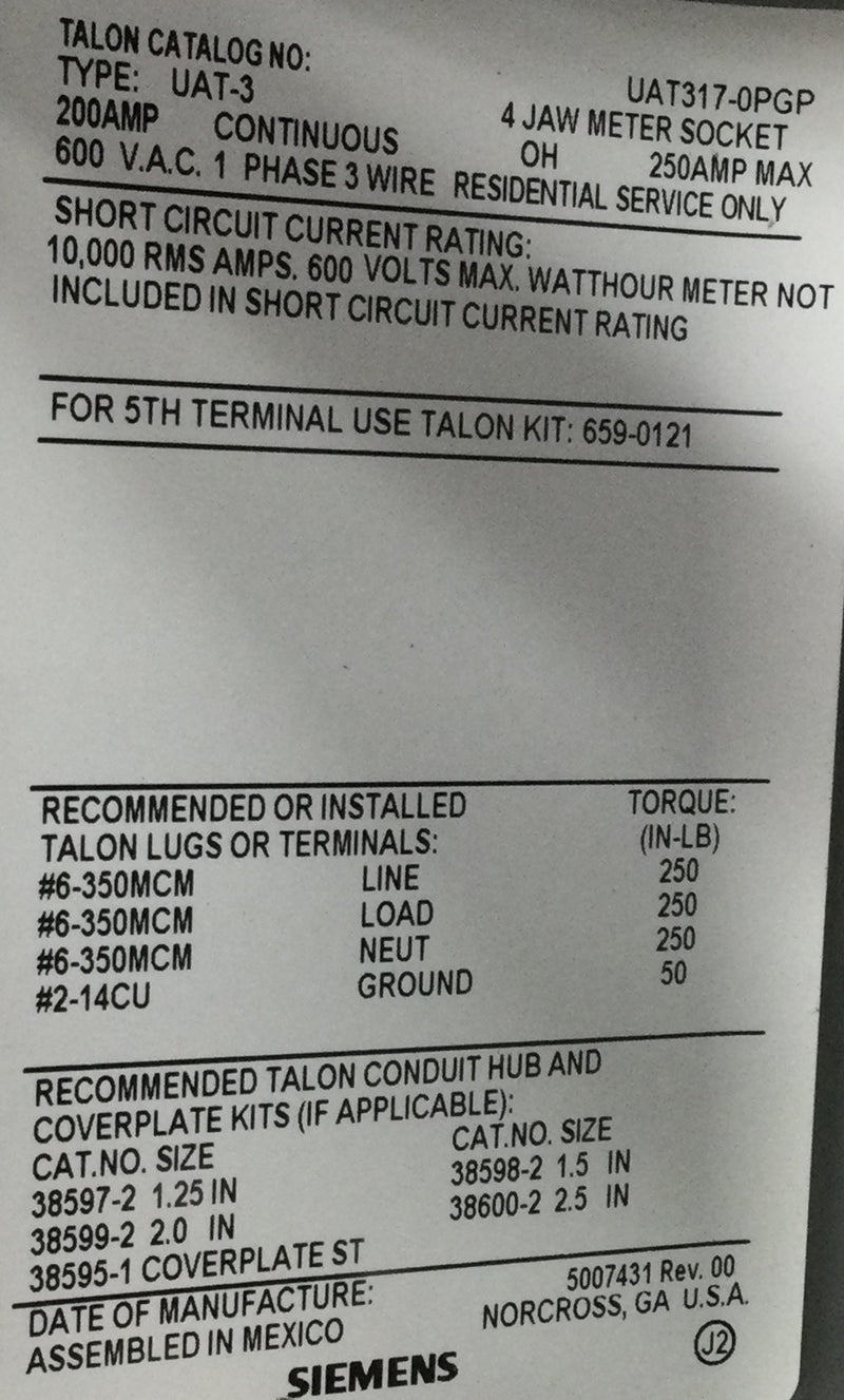 Siemens TALON® UAT317-0PGP Single Position Meter Socket 600 VAC 200 Am