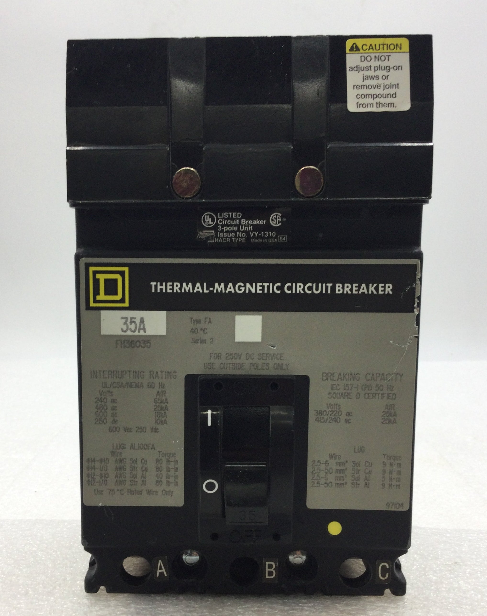 Square D FH36035 3 Pole 35 Amp 240/480/600 VAC Type FA Circuit Breaker