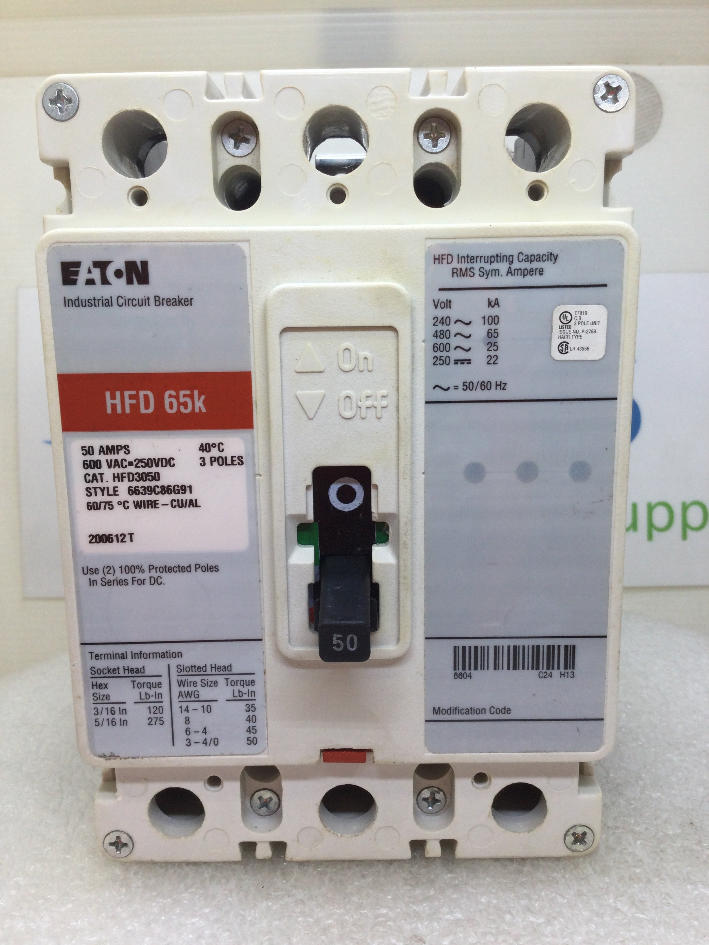 Cutler Hammer HFD3050 50 Amps 3 Pole 600v HFD 65k Circuit Breaker - Re
