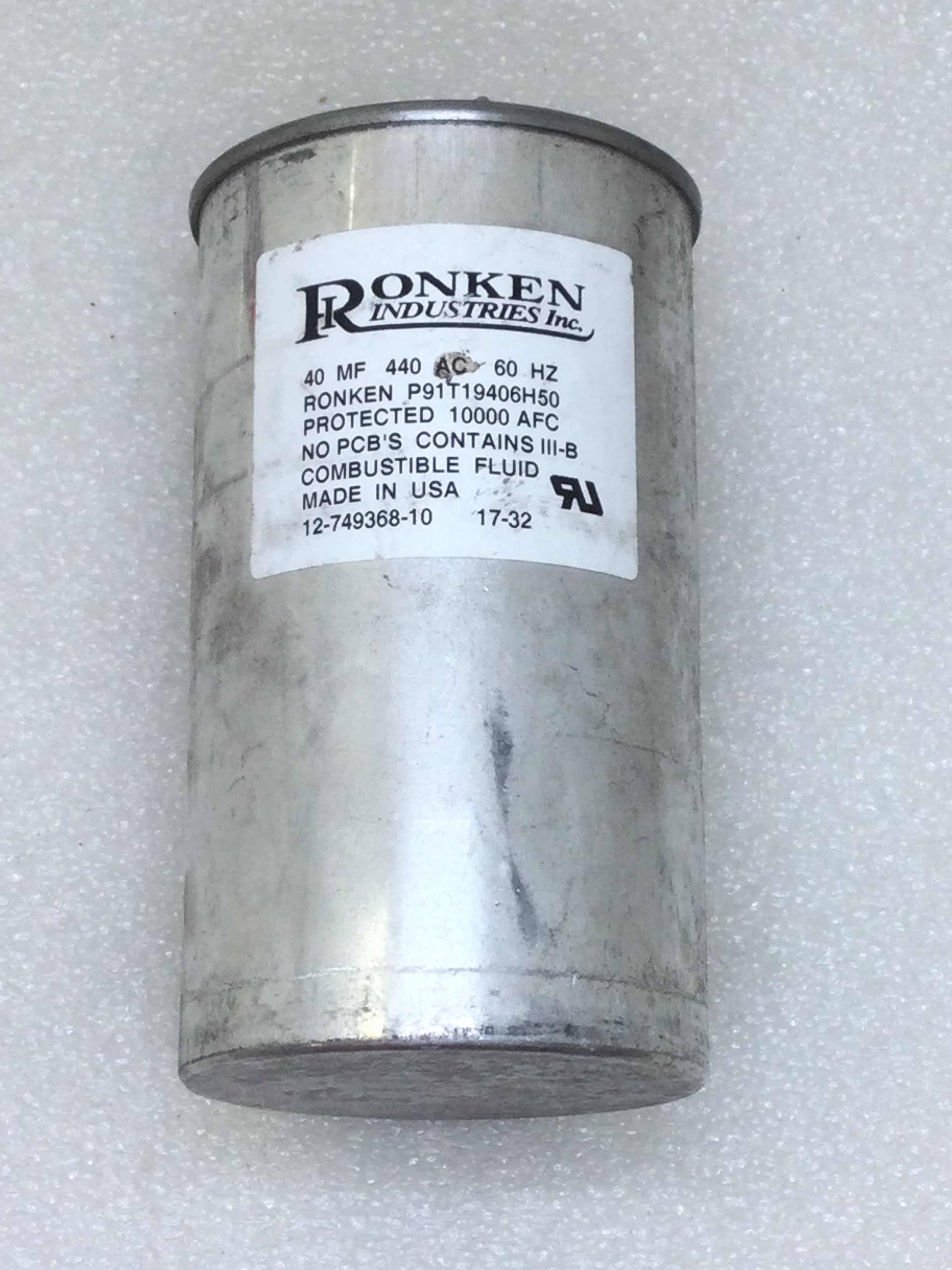 Ronken P91T19406H50 40MF 440 VAC 60 Hz Capacitor (12-749368-10)