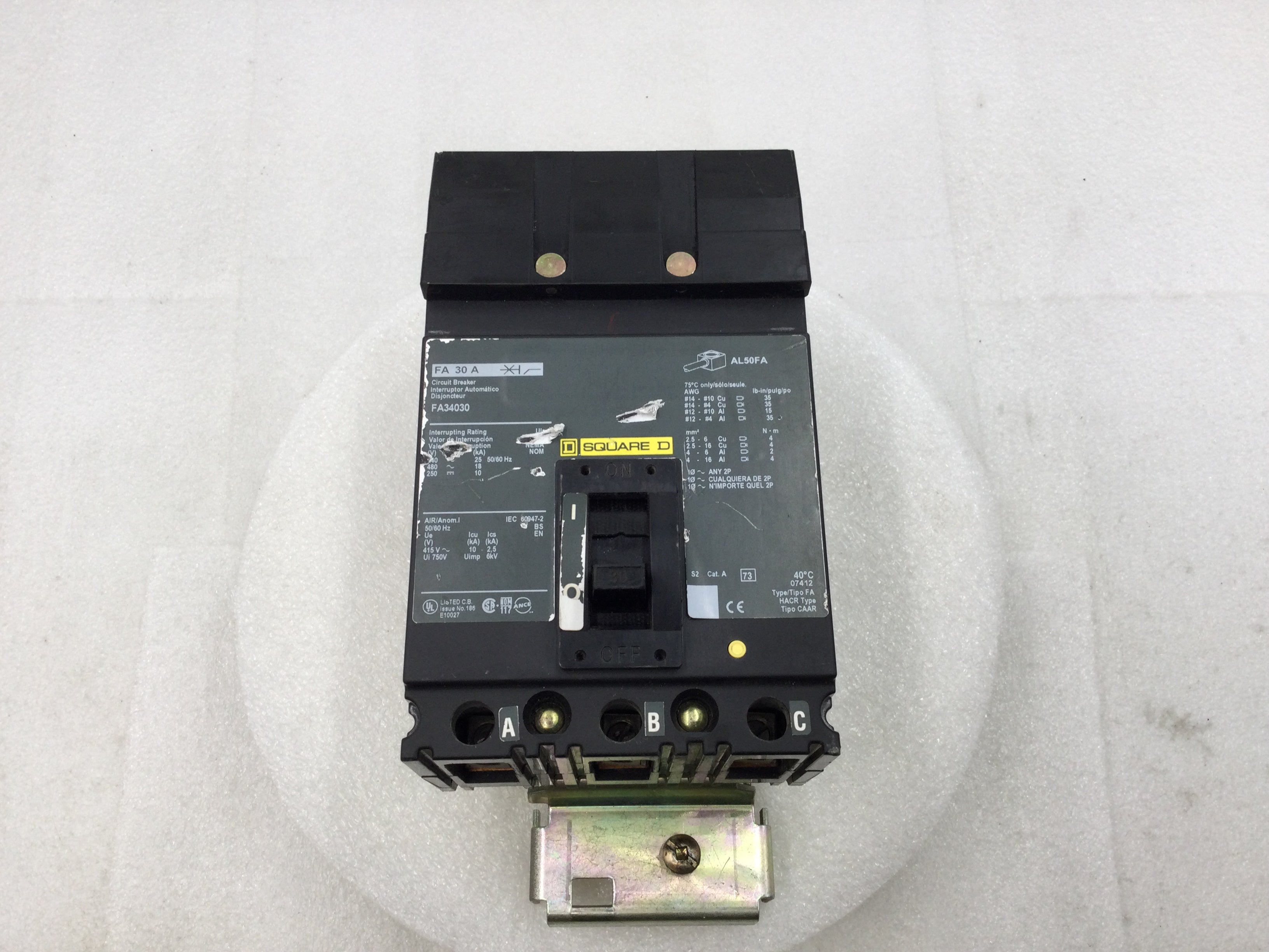 Square D FA34030 30 Amp 3 Pole 480v I Line Circuit Breaker - Torn Labe
