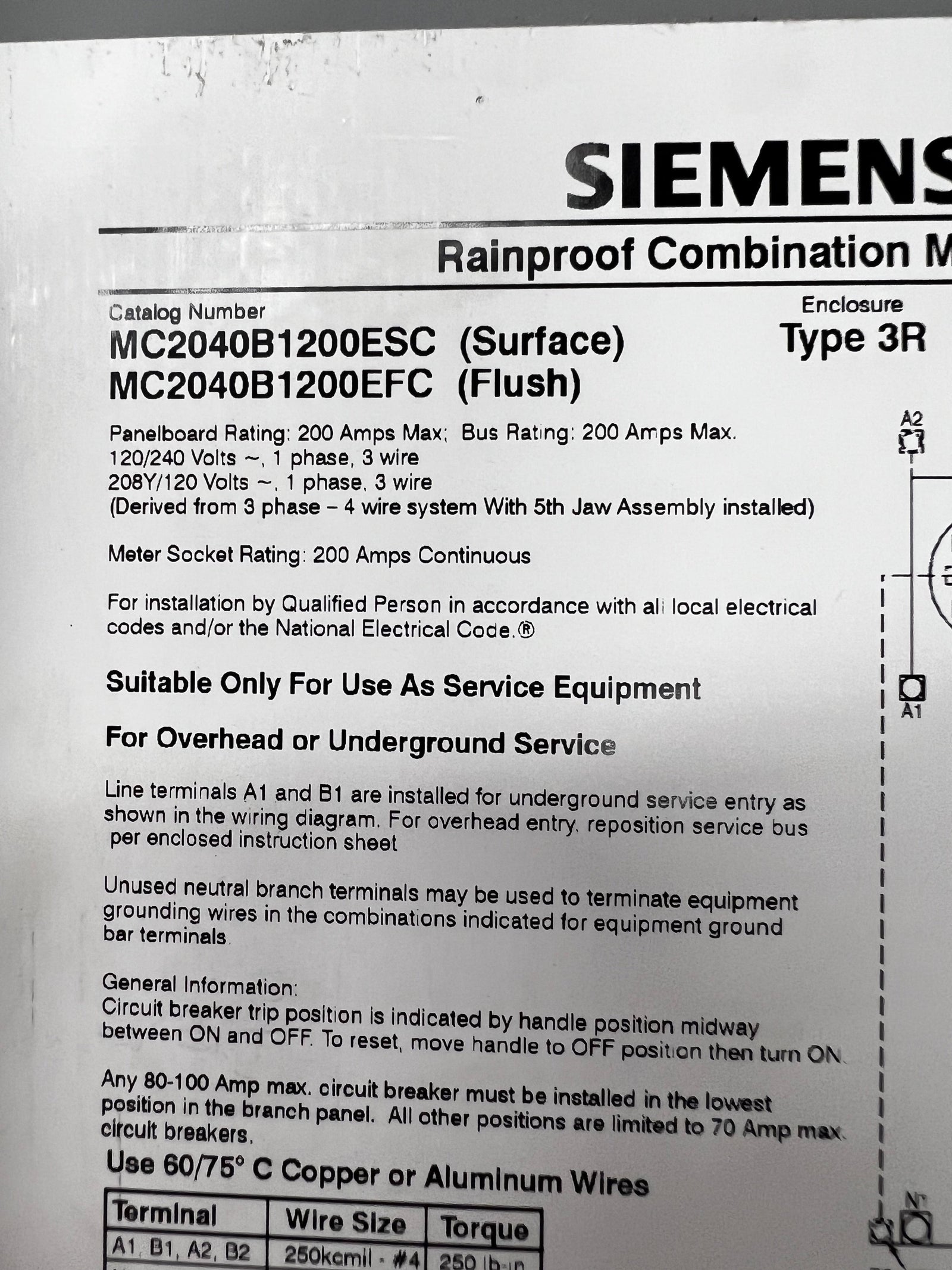 Siemens MC2040b1200ESC Meter Load Center Combination Parts 200A, 240V,