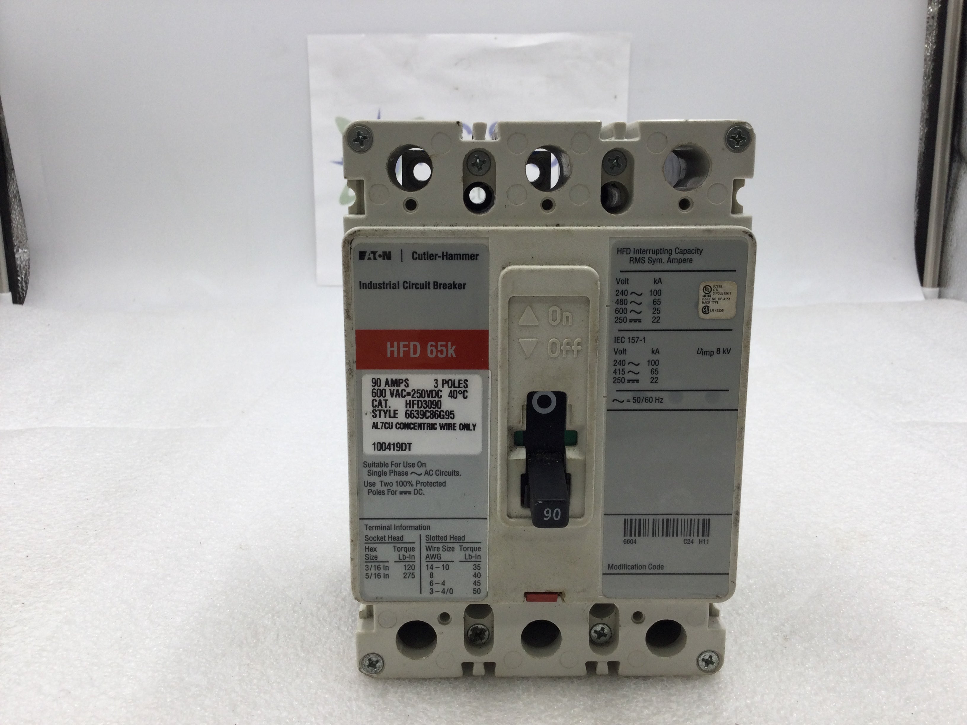 Eaton HFD3090 90 Amp 3 Pole 600 VAC 65k Red Label Circuit Breaker