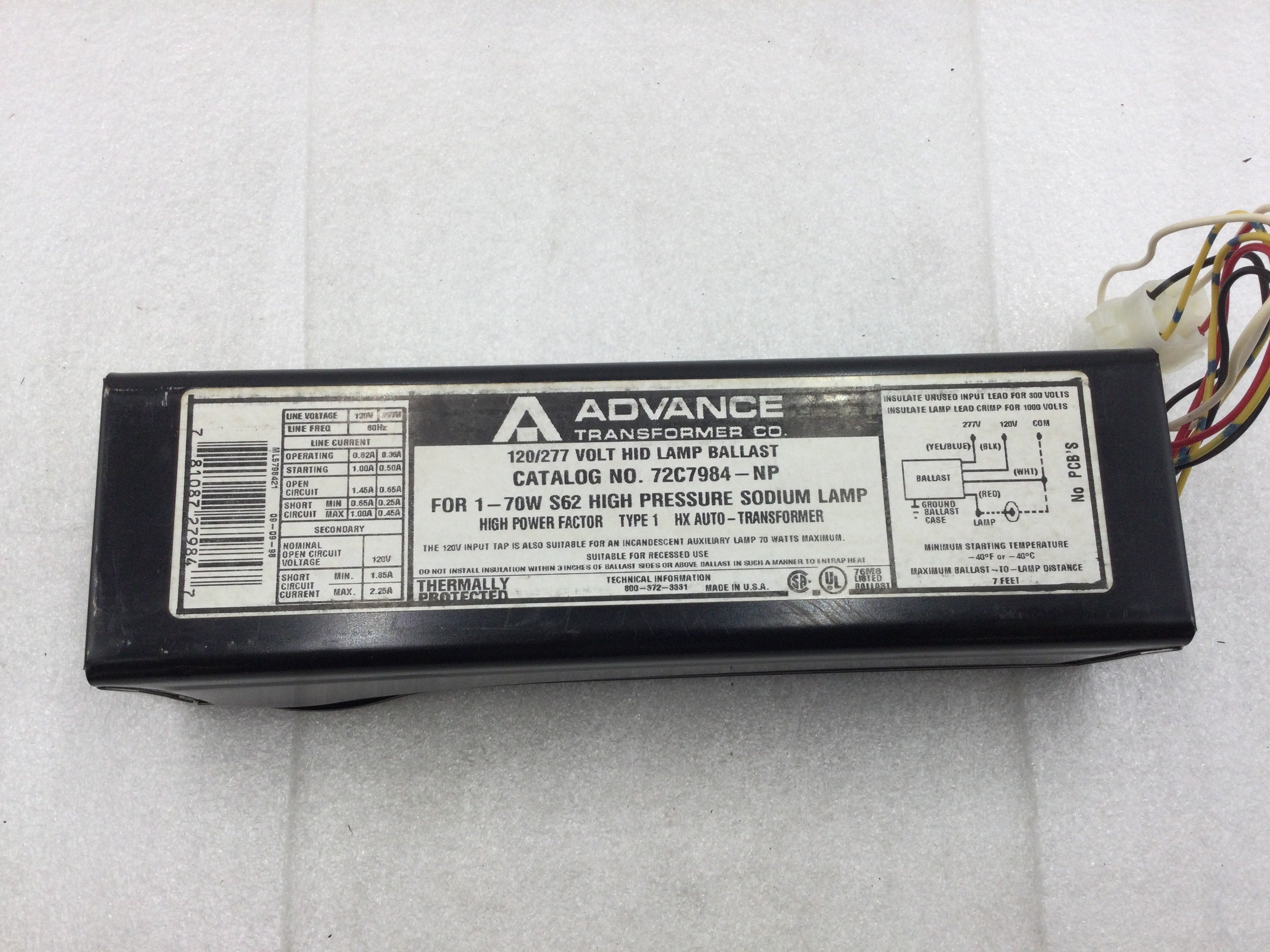 Advanced Transformer Co. 72C7984-NP Lamp Ballast 70W S62 High Pressure