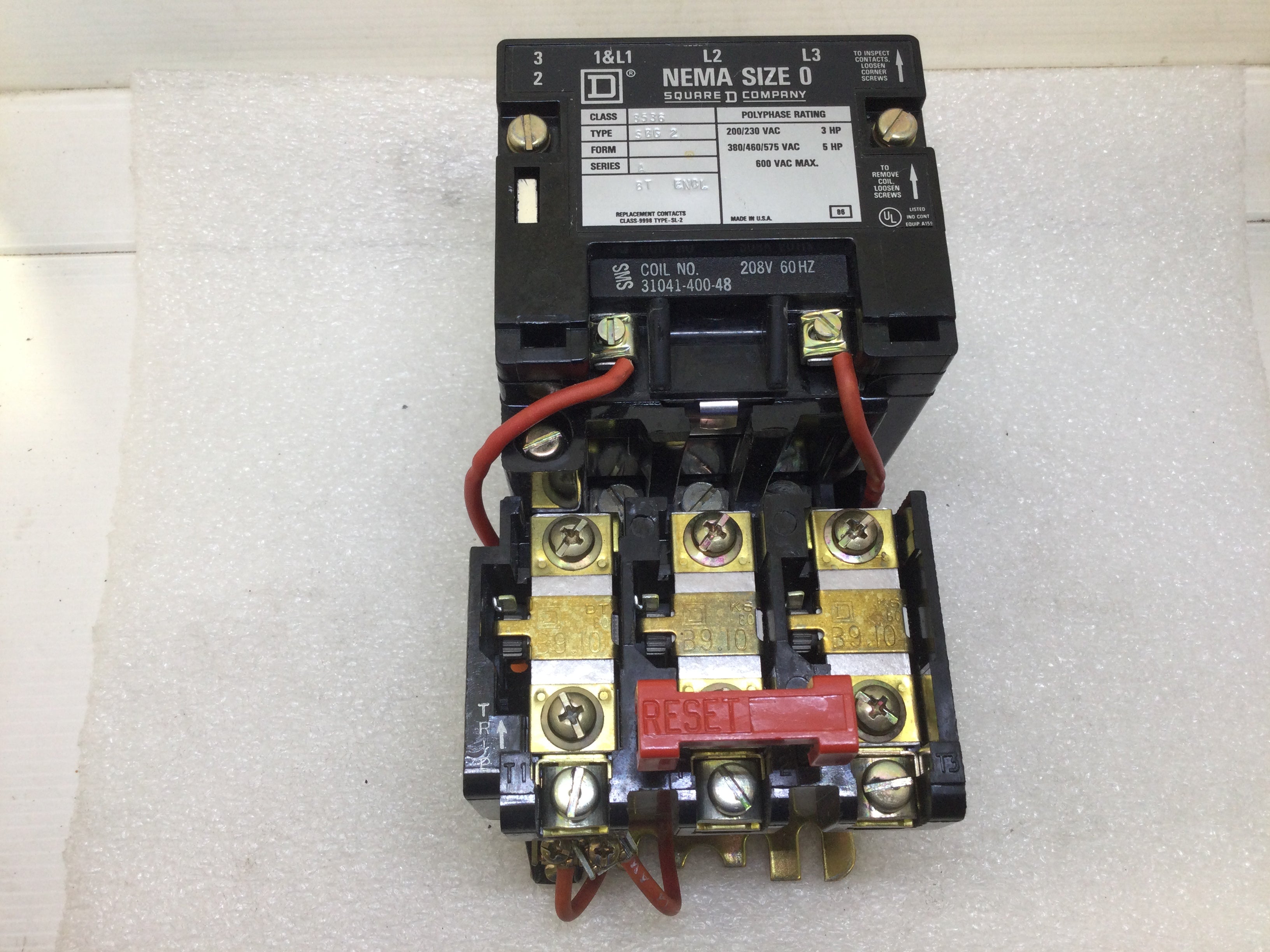 Square D 8536SBG2 Size 0 Series A 3 Phase 200/230v Coil 208v Contactor