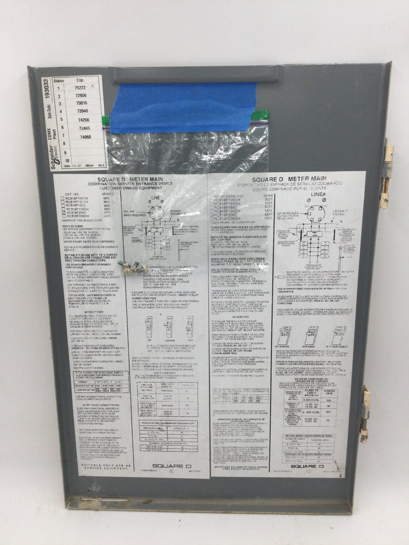 Square D RC816F200C 200 Amp 120/240V 1 Phase 3 Wire Type 3R HINGED DOO