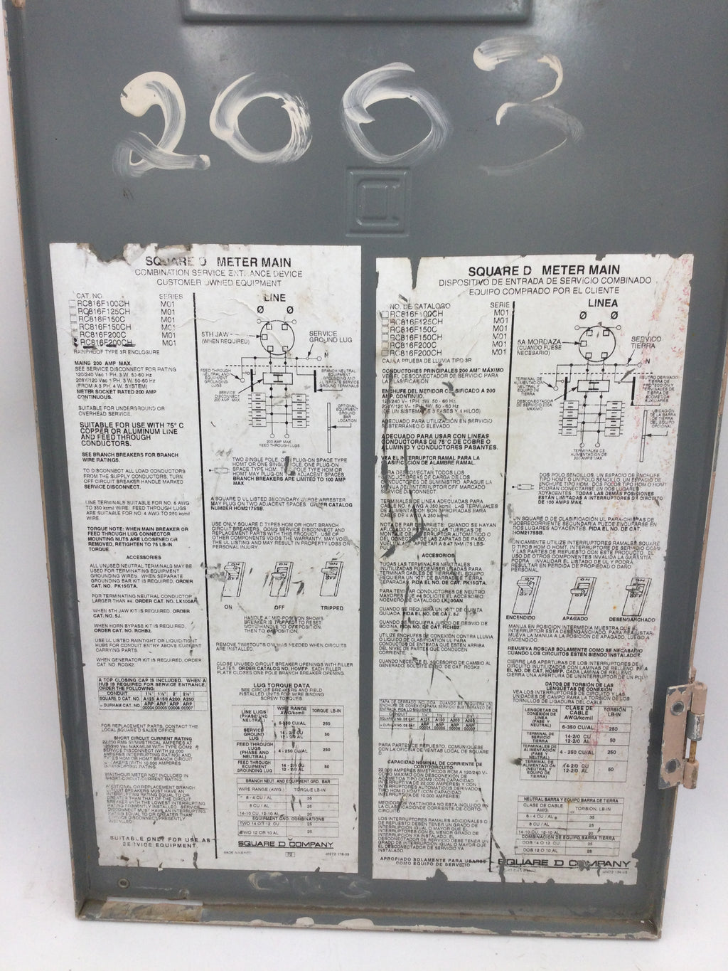 Square D RC816F200C 200 Amp 120/240V 1 Phase 3 Wire Type 3R HINGED DOO
