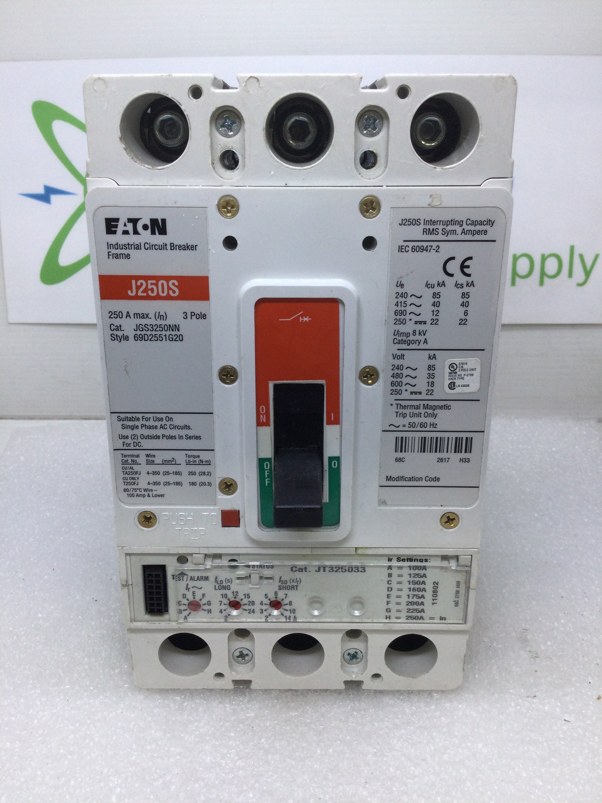 Eaton Industrial JGS3250NN 3 Pole 250 Amp J250S Circuit Breaker w/ JT3