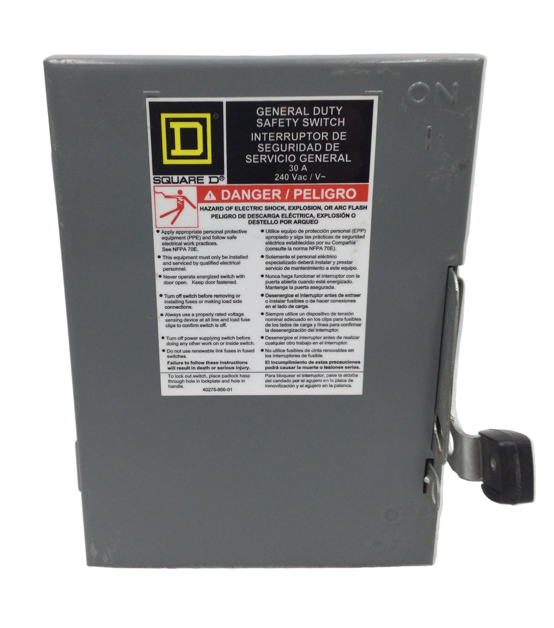 Square D D321N Indoor 30 Amp 240 VAC 3 Pole Fusible Safety Switch Type