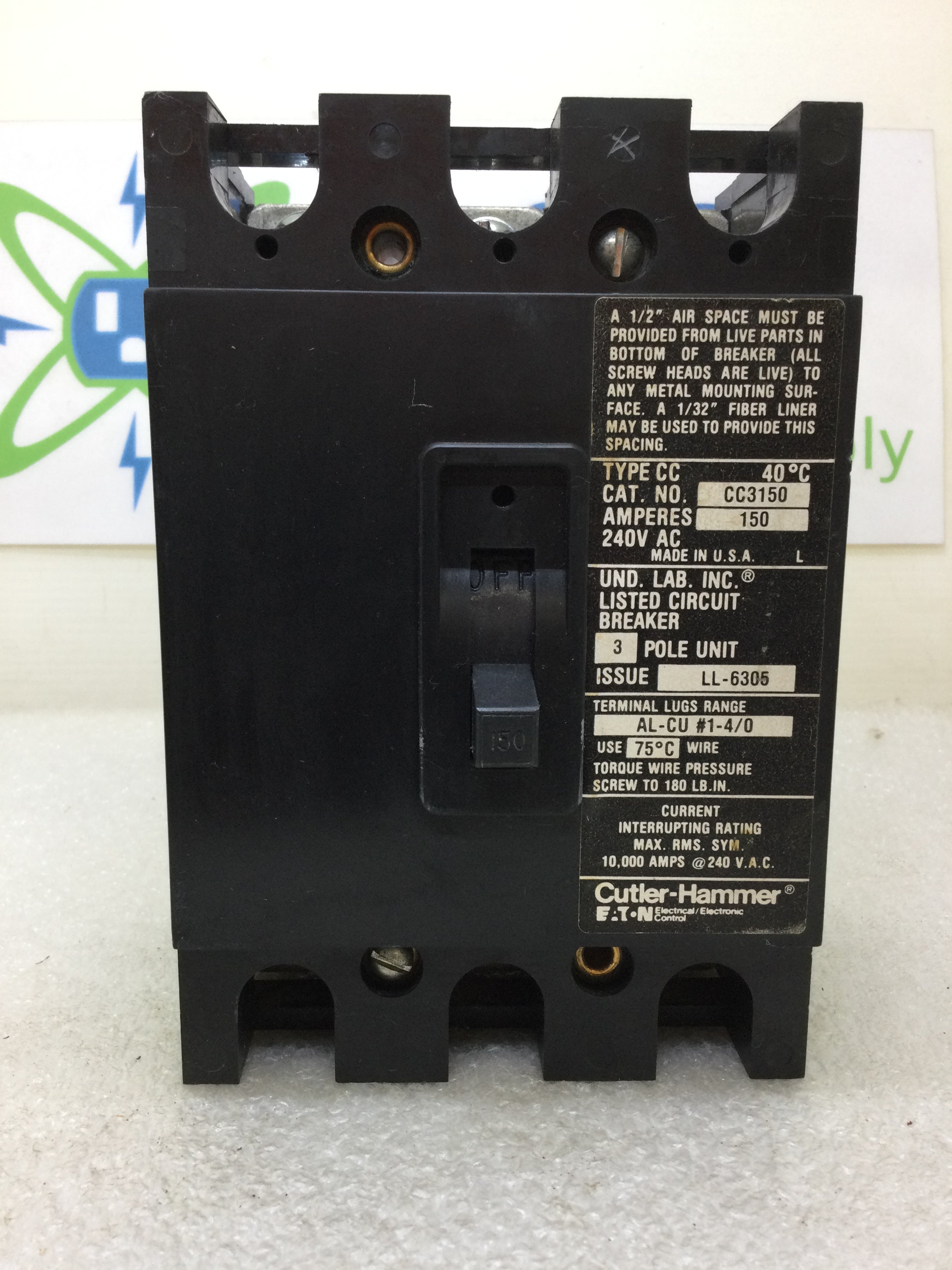 Eaton Cutler Hammer CC3150 150 Amp 3 Pole 240Vac Type CC Circuit Break
