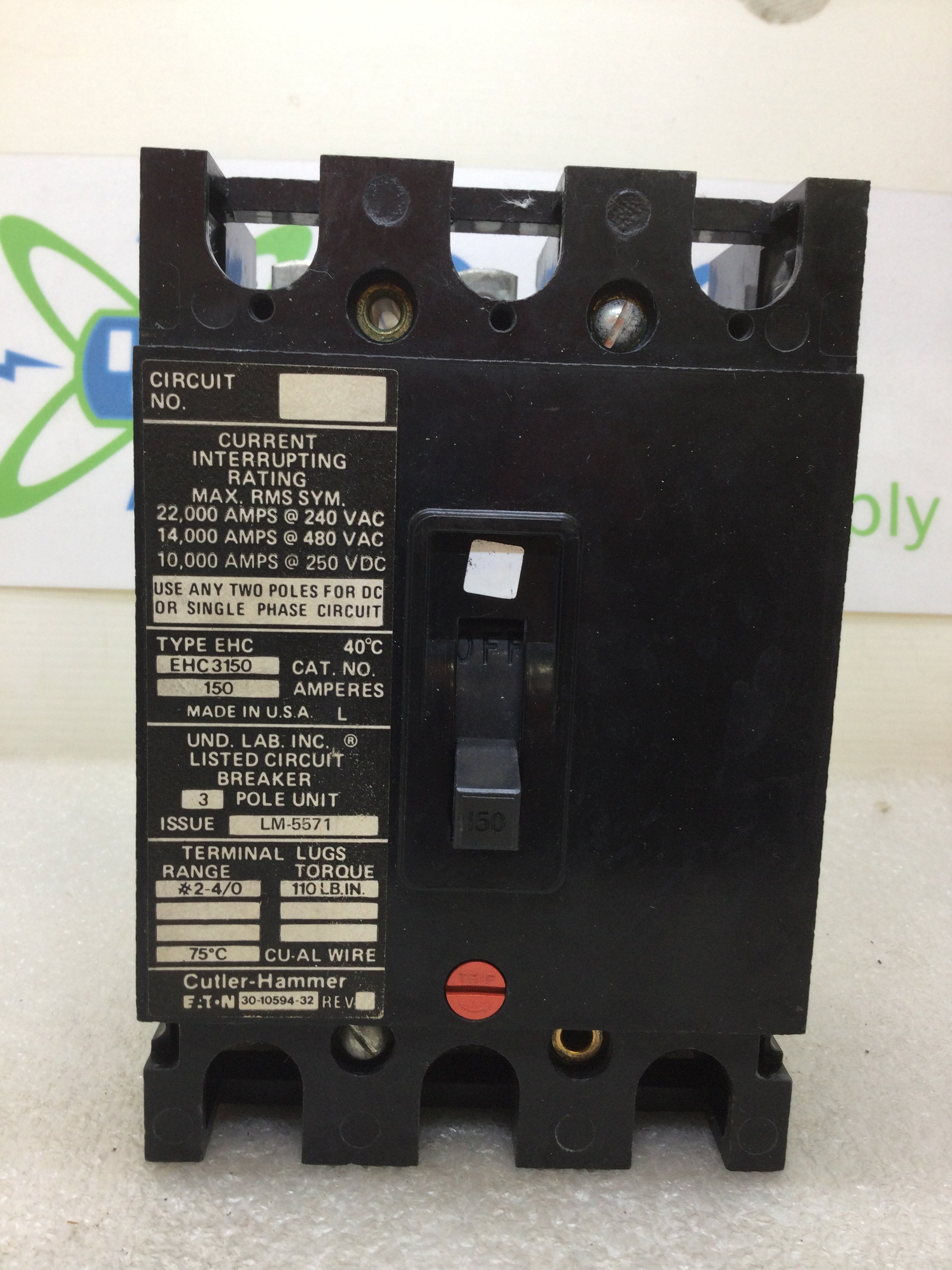 Eaton Cutler Hammer EHC3150 150 Amp 3 Pole 480Vac Circuit Breaker