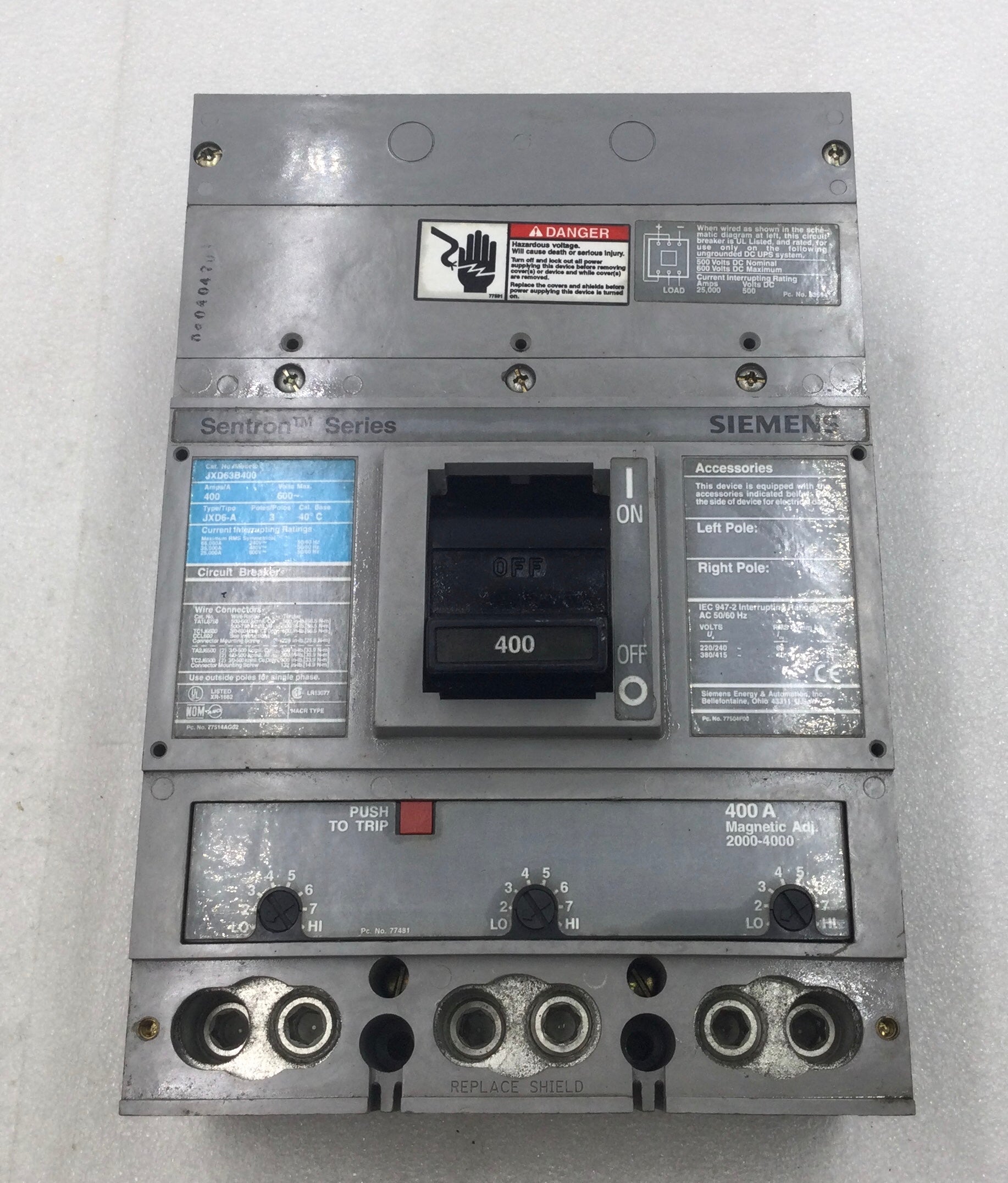 Siemens JXD63B400 400 Amp 3-Pole 600V Circuit Breaker