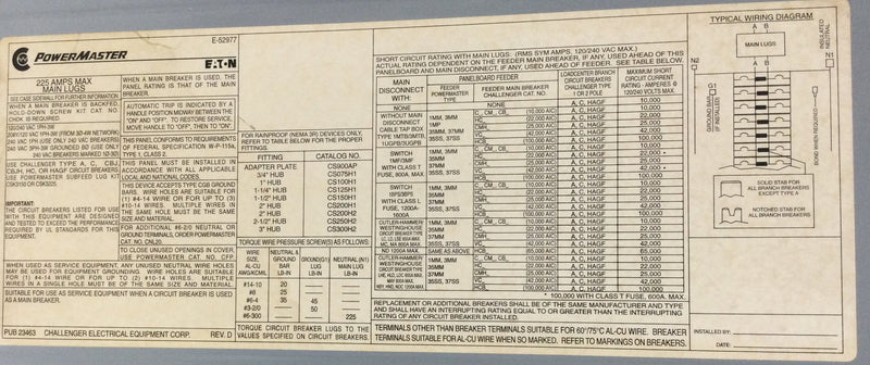 Eaton/Challenger Powermaster CB224242 Single Phase 3 Wire 42 Space Wit