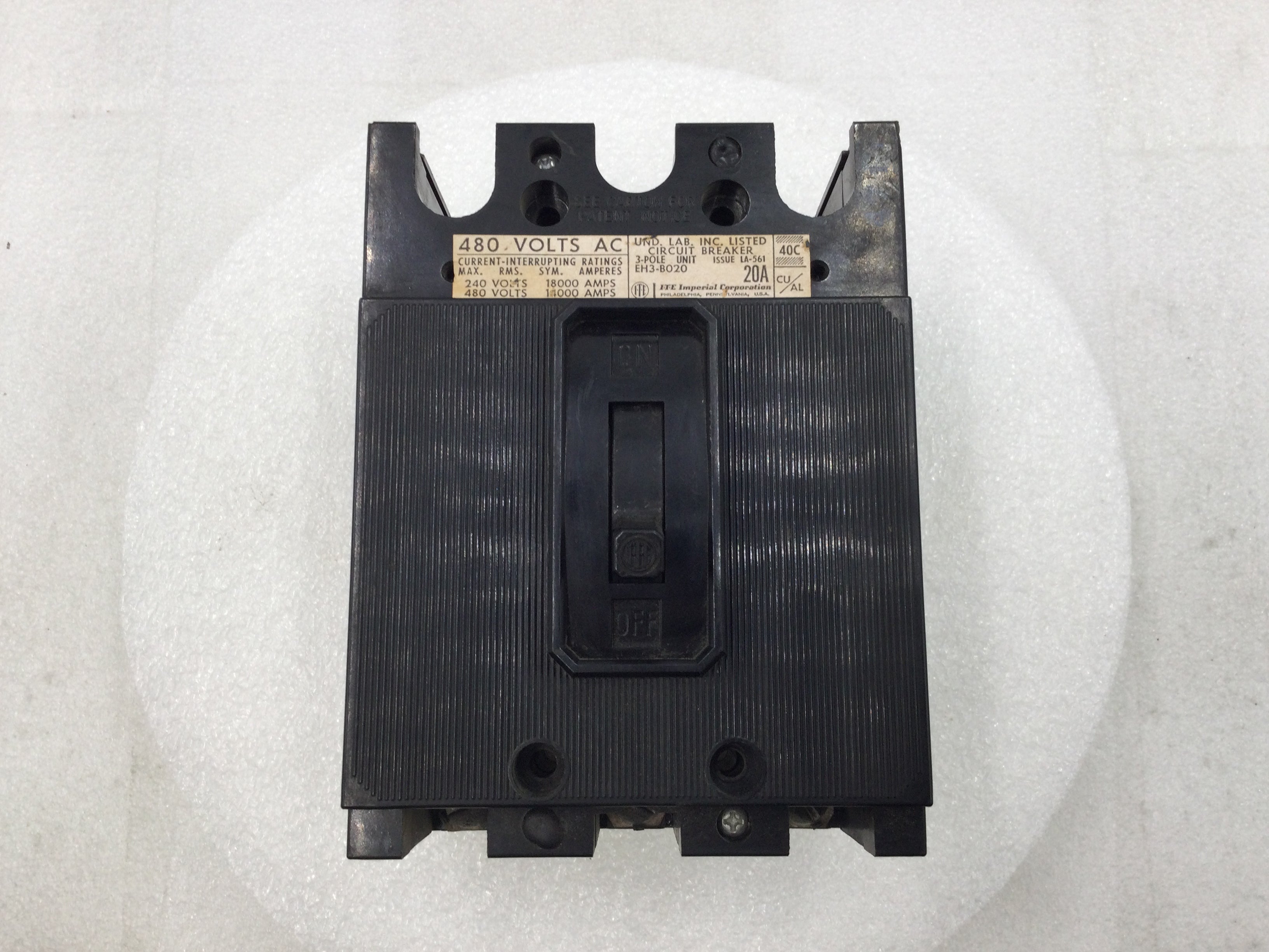 ITE EH3-B020 20 Amp 3 Pole 480V Type EH Circuit Breaker - Cosmetic Fla