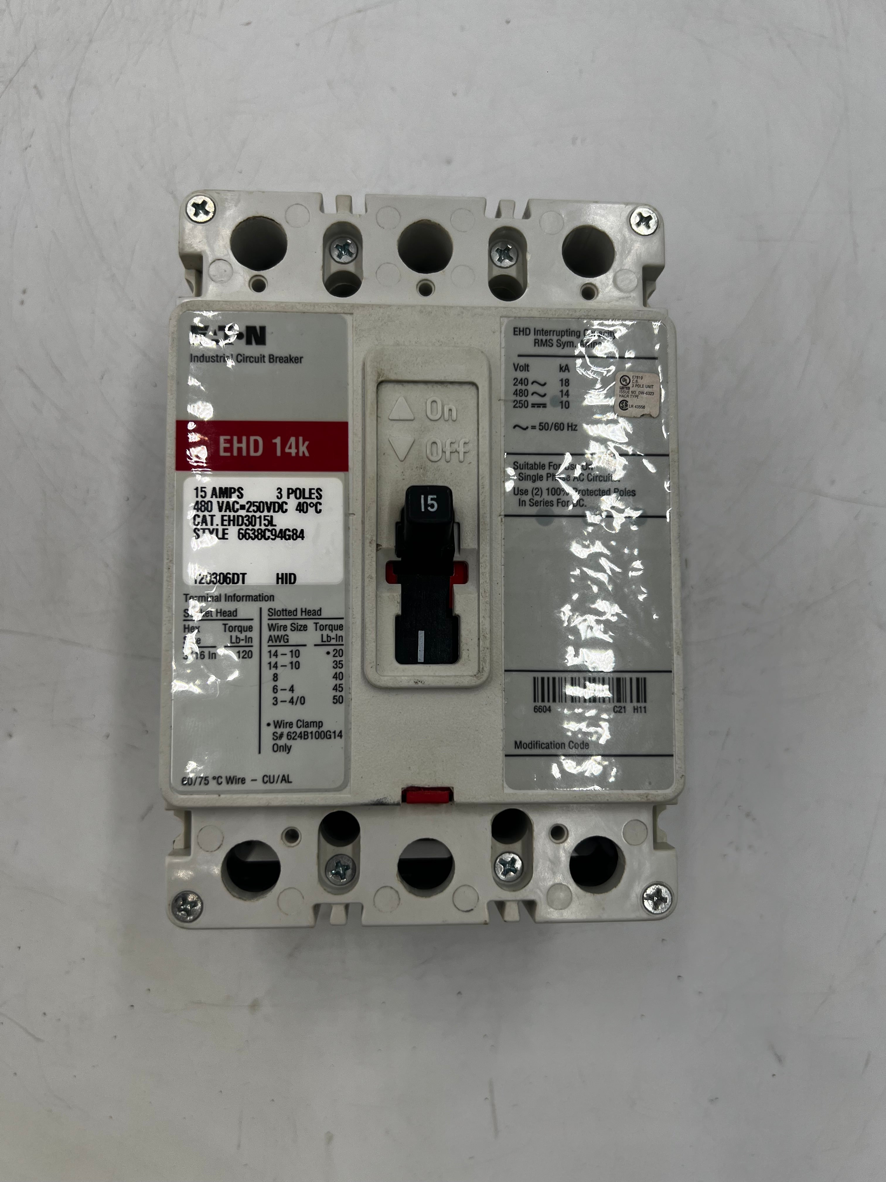 Eaton EHD3015L 15 Amp 3 Pole 480V EHD 14K Circuit Breaker