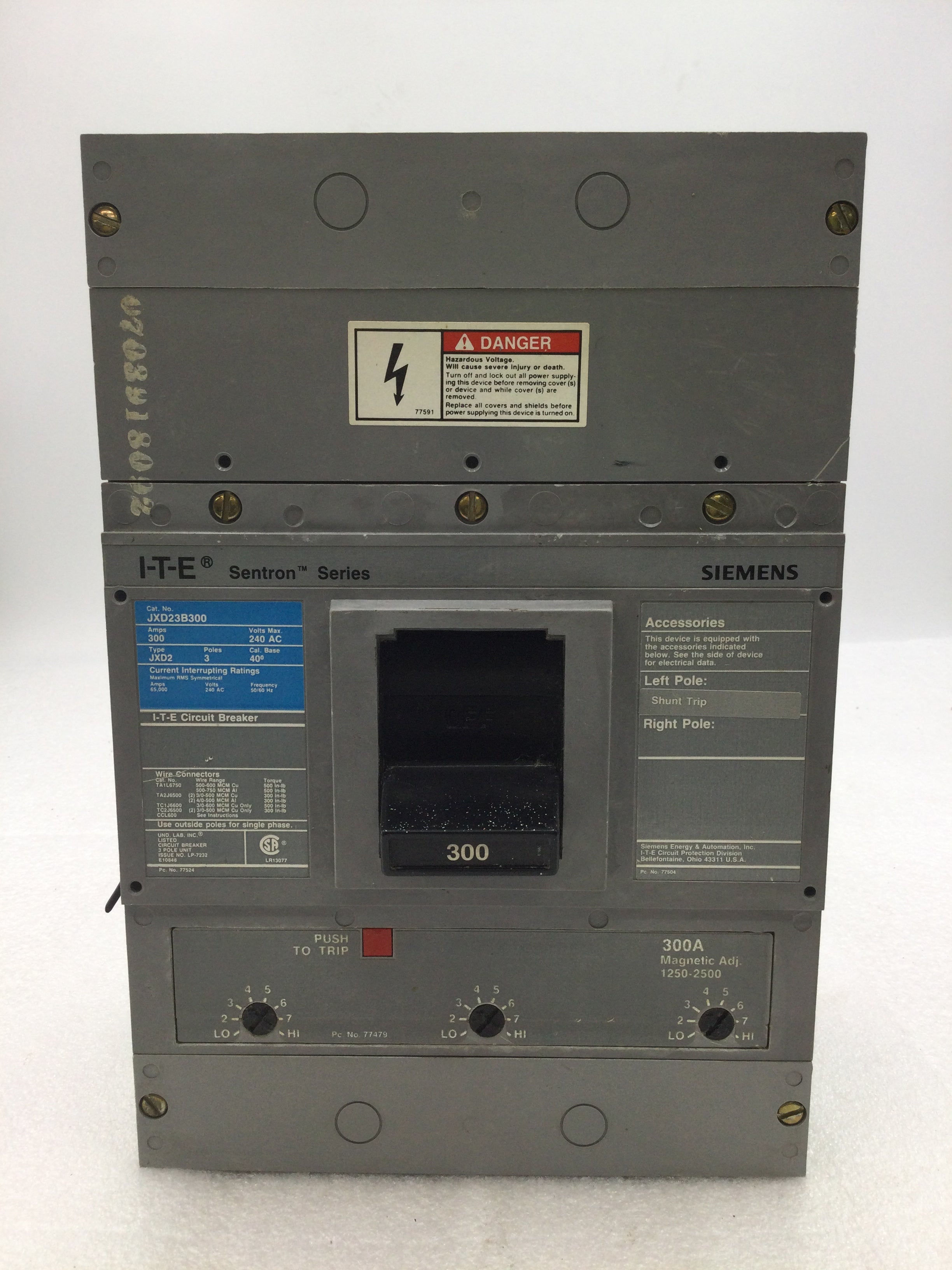 ITE Sentron JXD23B300 300 Amp 3 Pole 240Vac Type JXD2 w/Shunt Trip Cir