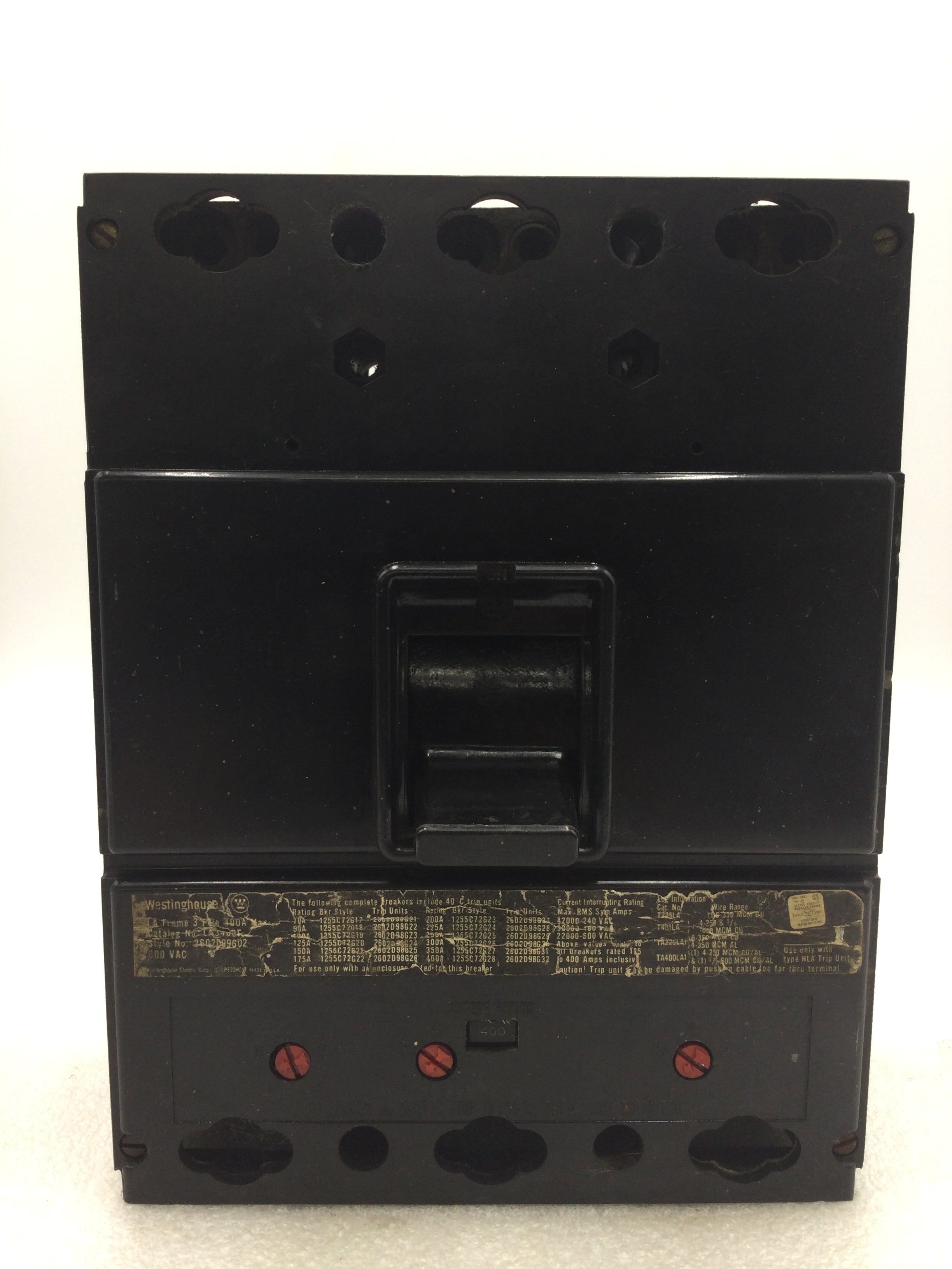 Westinghouse LA3400F 400 Amp 3 Pole 600V Circuit Breaker w/400 Amp Tri