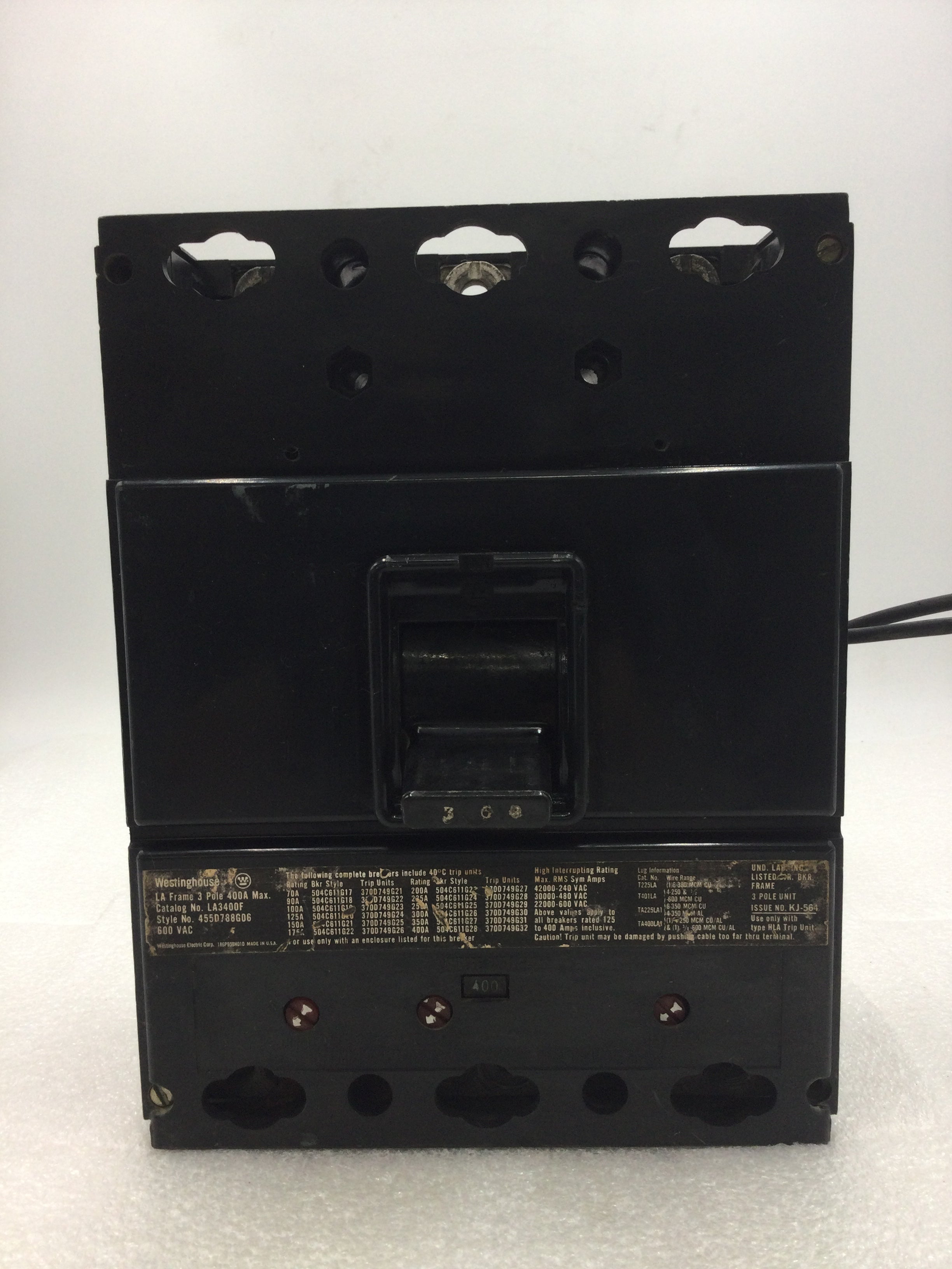 Westinghouse LA3400F 3 Pole 400 Amp 600 VAC Circuit Breaker with 300 A