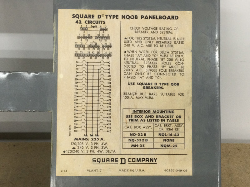 Square D NQOB-424 Dead Front Only 42 Space 225 Amp 120/208V 3 Phase 4