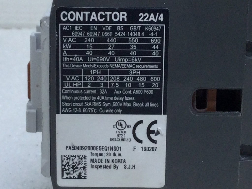 MCG MCG-22/4 Magnetic Contactor 22Amp Max 220-480V for Low Voltage Mot