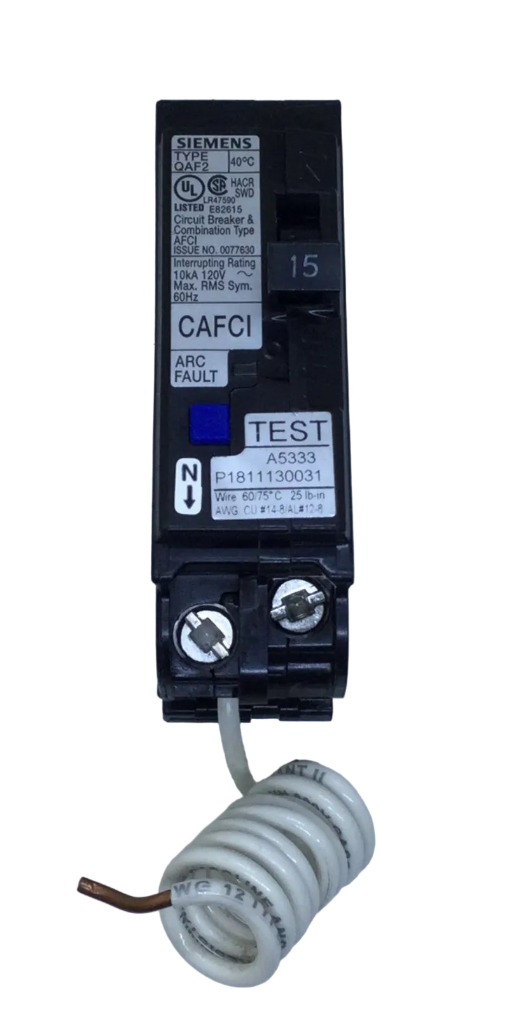 Siemens QA115AFC 15 Amp 1 Pole 120V CAFCI Arc Fault Circuit Breaker