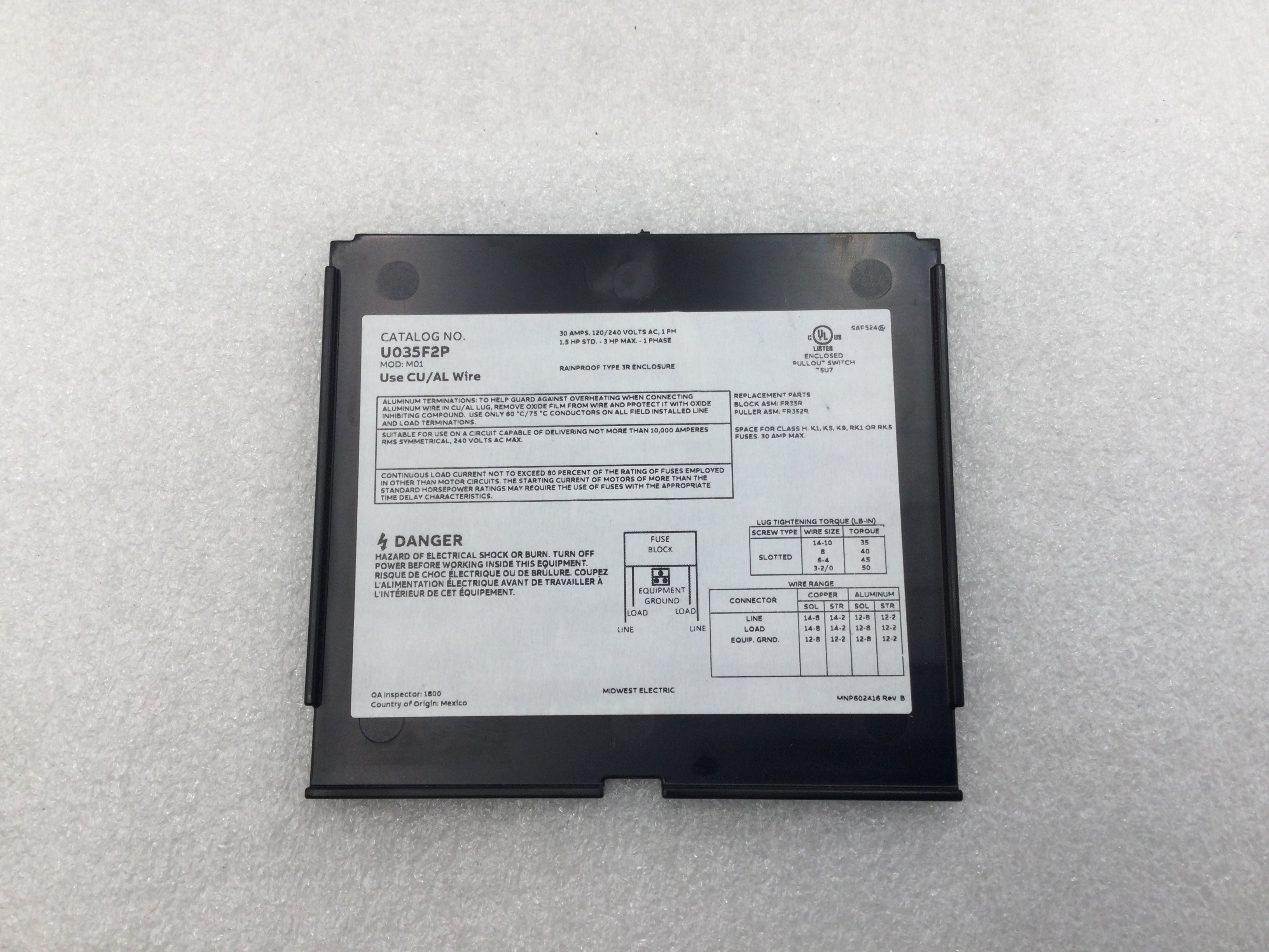 Midwest U035F2P 30 Amp 120/240V - Dead Front Only