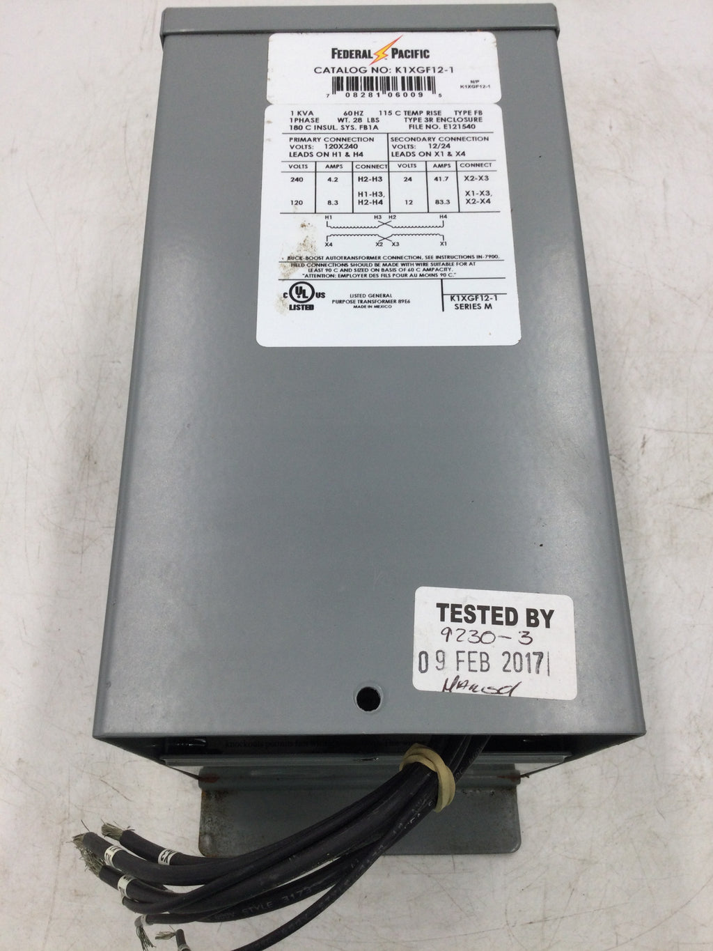 Federal Pacific K1XGF12-1 1 KVA Buck Boost Transformer 120/240 VAC Inp