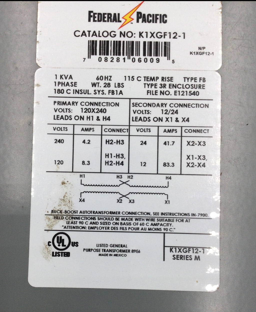 Federal Pacific K1XGF12-1 1 KVA Buck Boost Transformer 120/240 VAC Inp