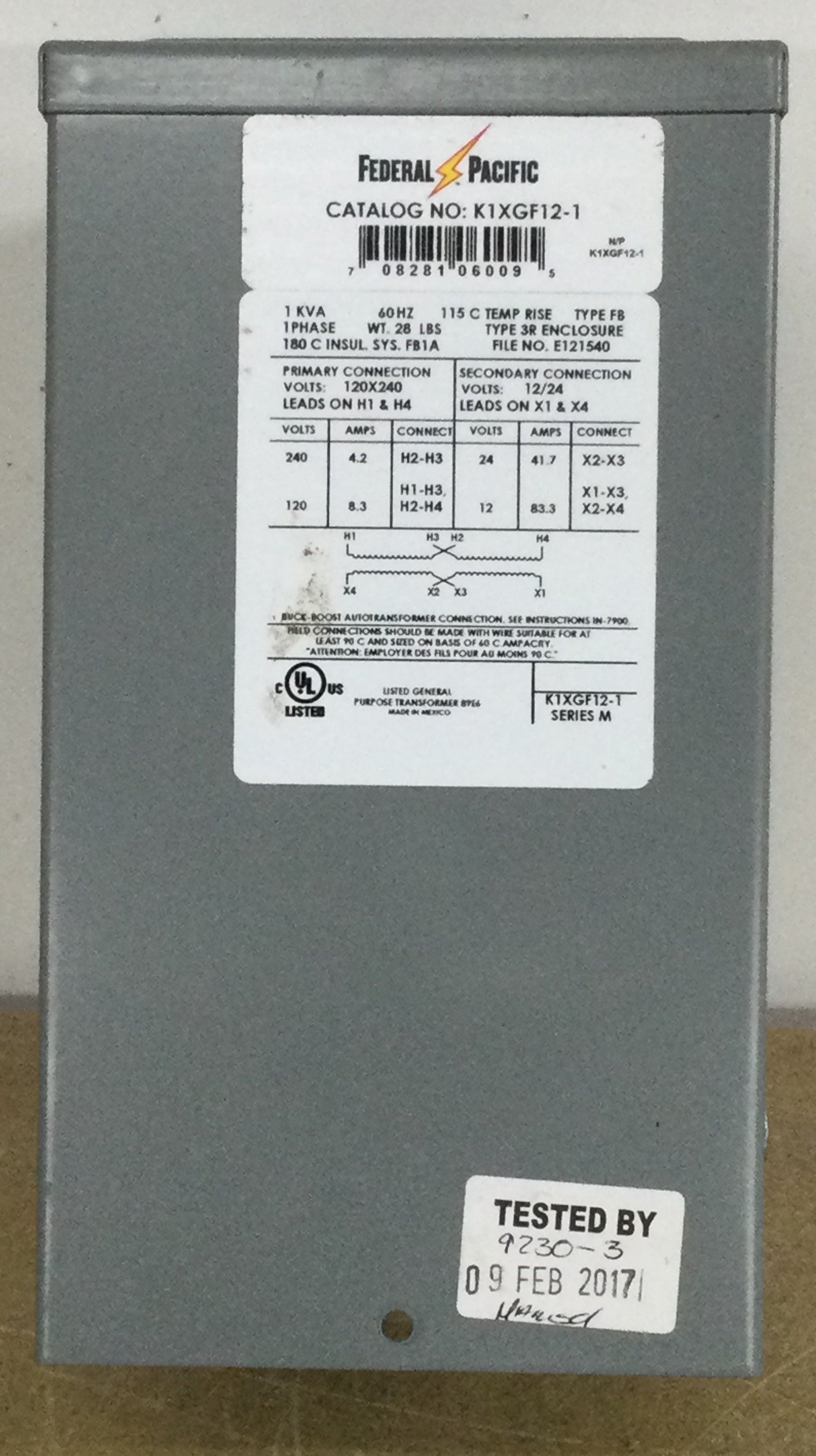 Federal Pacific K1XGF12-1 1 KVA Buck Boost Transformer 120/240 VAC Inp