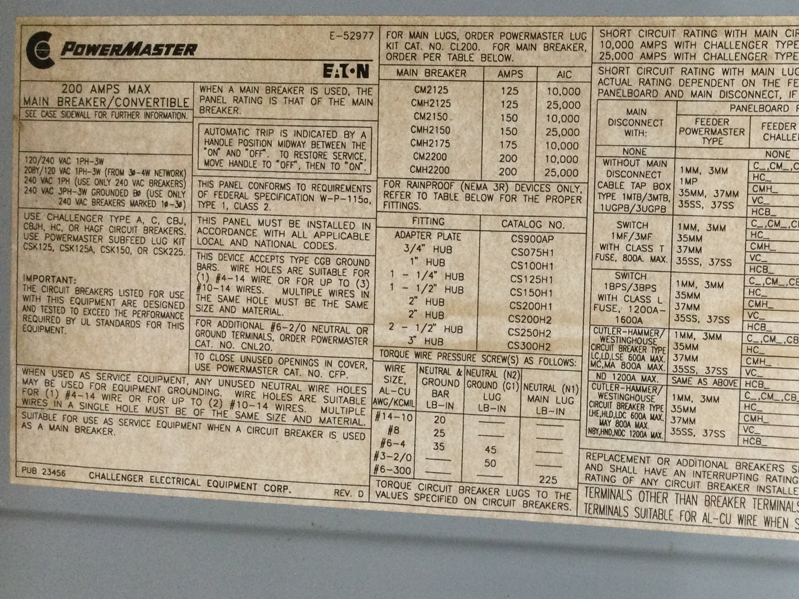 Challenger Eaton Powermaster Panel Cover Only w/Main 30 Space 200 Amp