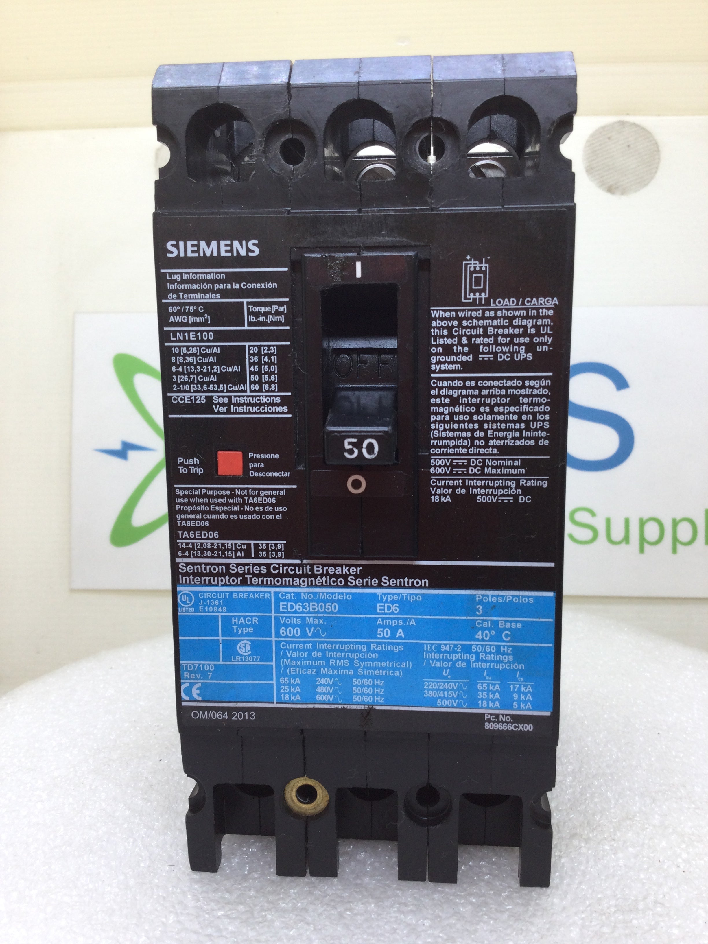 ITE/Siemens ED63B050 50 Amp 3 Pole 600VAC Type ED6 Circuit Breaker