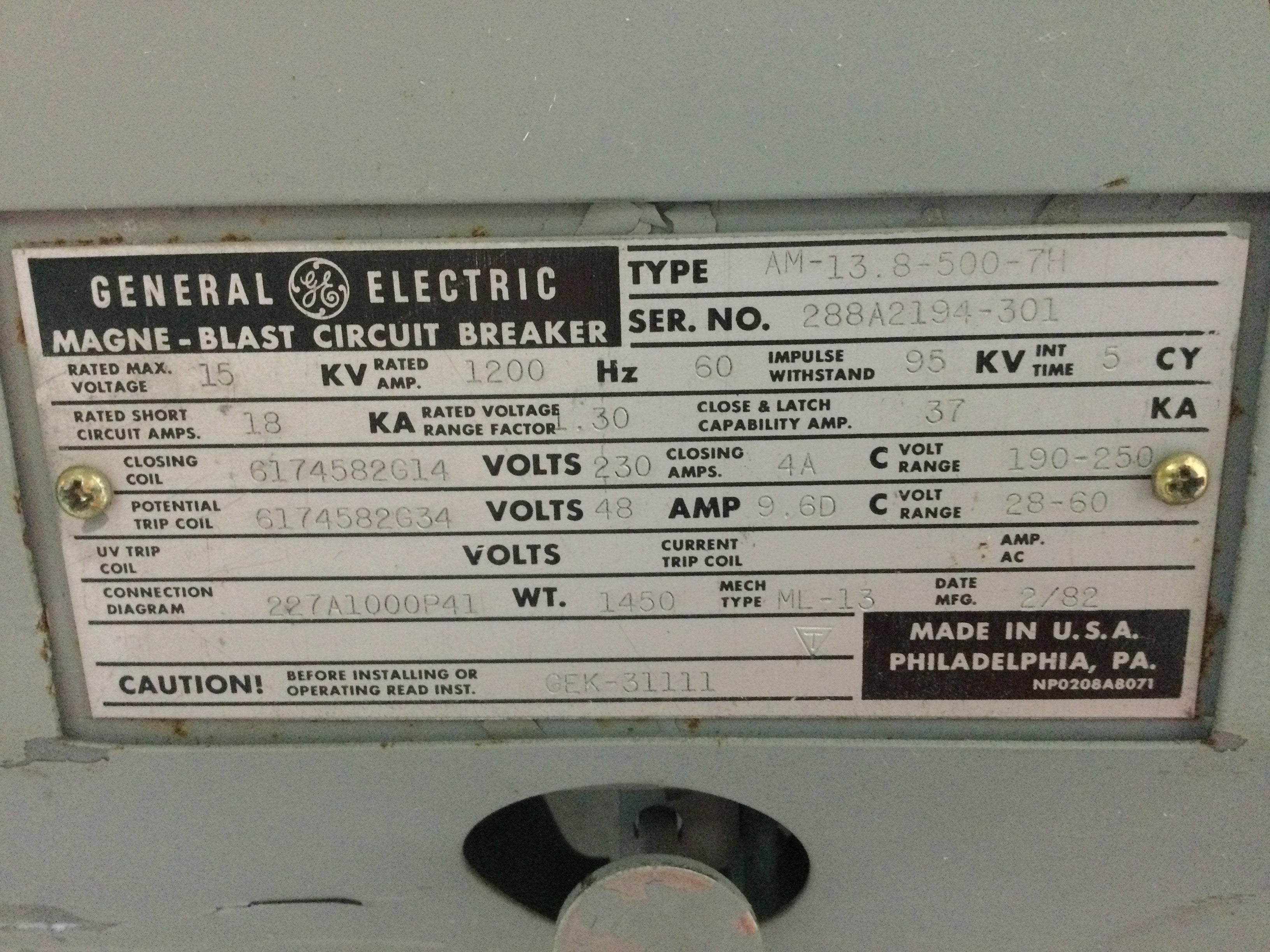 GE General Electric GEK-31111 Type AM-13. 8-500-7H Magne-Blast Circuit