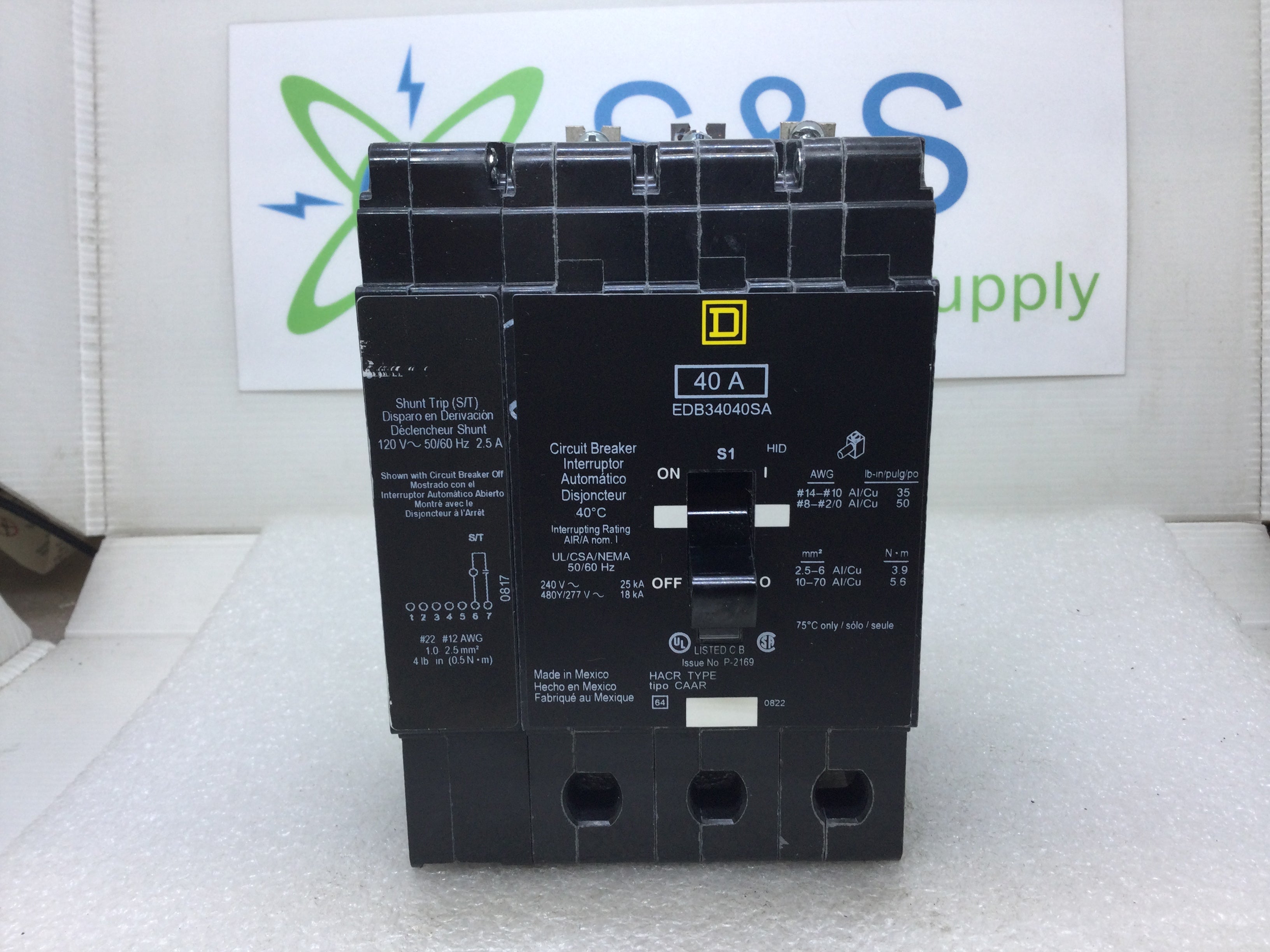 Square D EDB34040SA 40 Amp 3 Pole 480Y/277V Bolt on Circuit Breaker w/