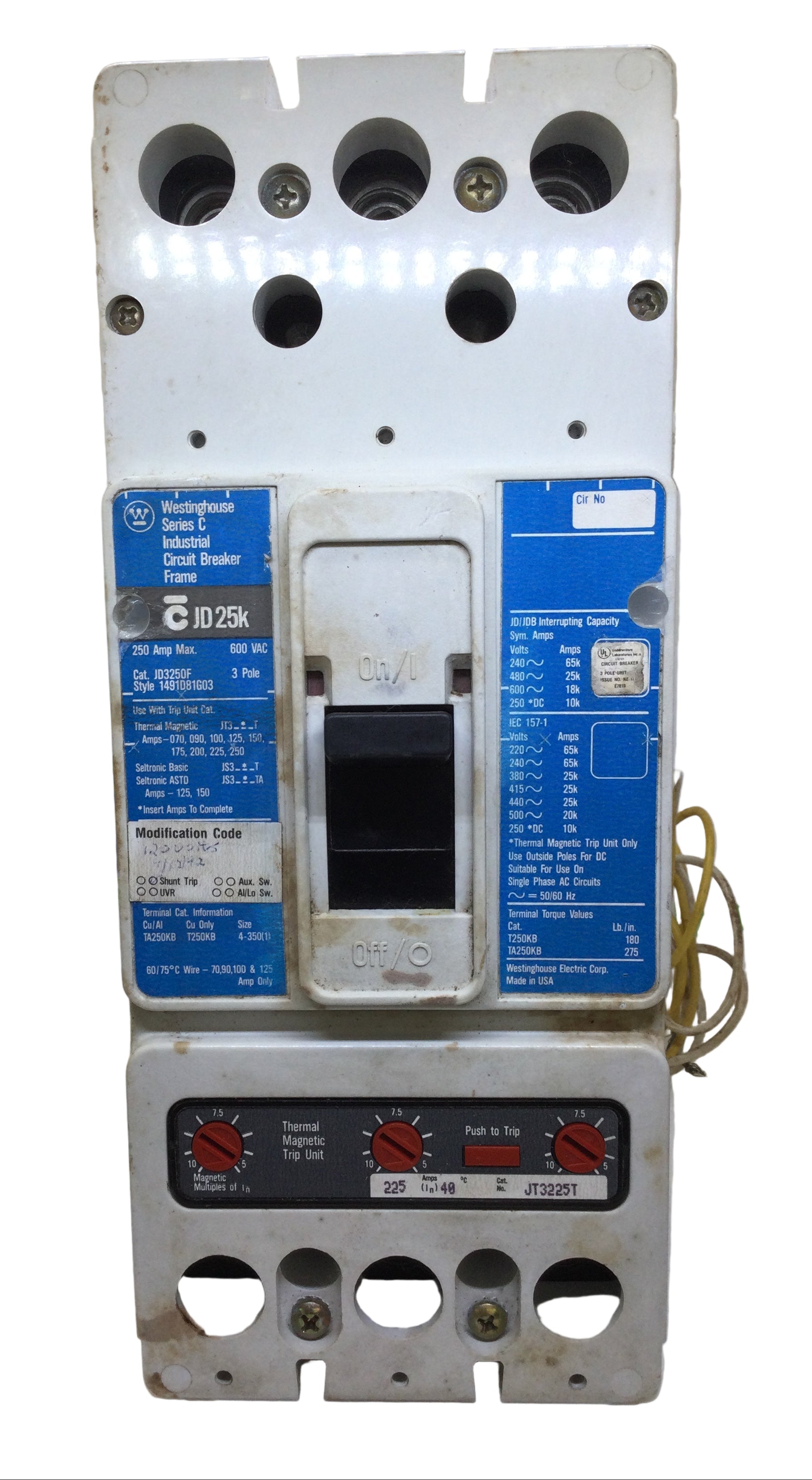 Westinghouse JD3250F 250 Amp 3 Pole 600V Breaker w/JT3225T Amp Trip/Sh