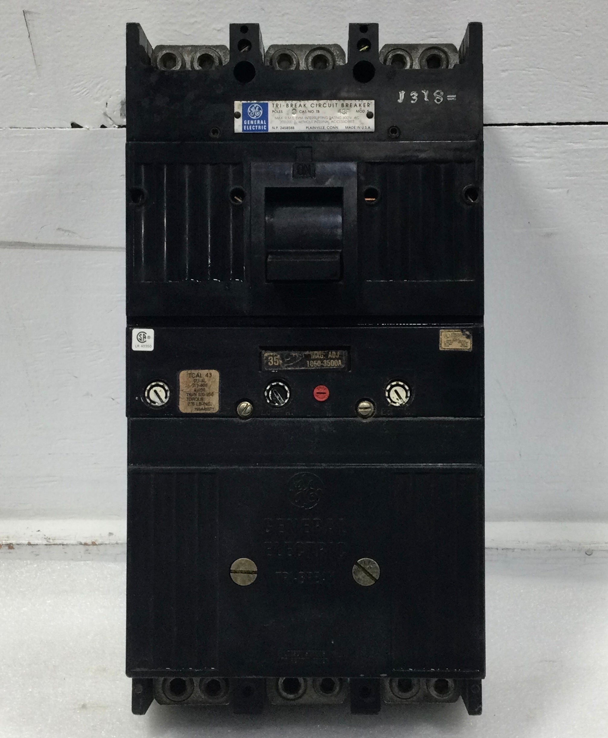 GE TB43F 400 Amp 3 Pole 600V Circuit Breaker w/350 Mag Adj. - Cosmetic