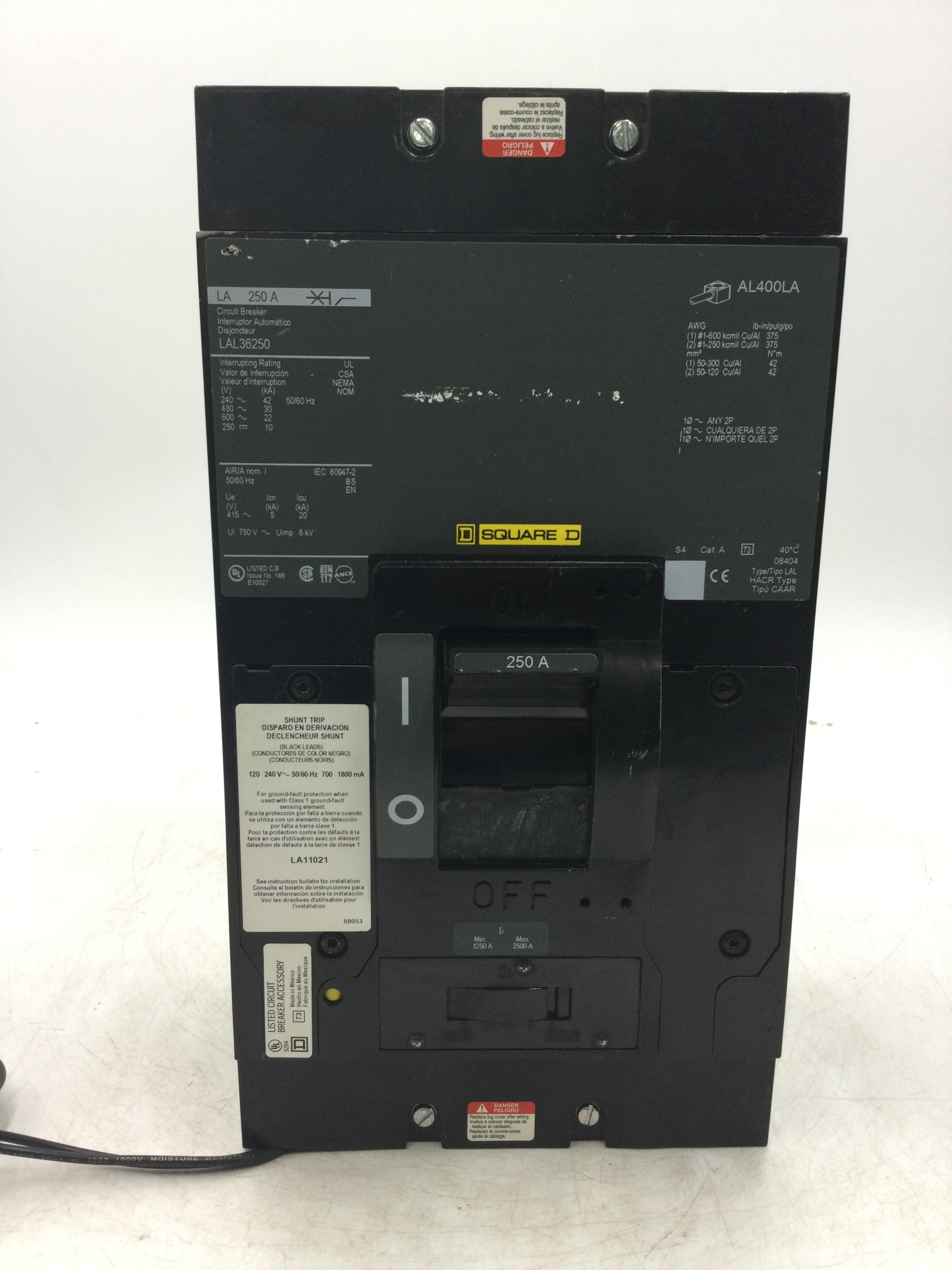 Square D LAL36250 3 Pole 250A 600VAC 22K Circuit Breaker w/Shunt Trip