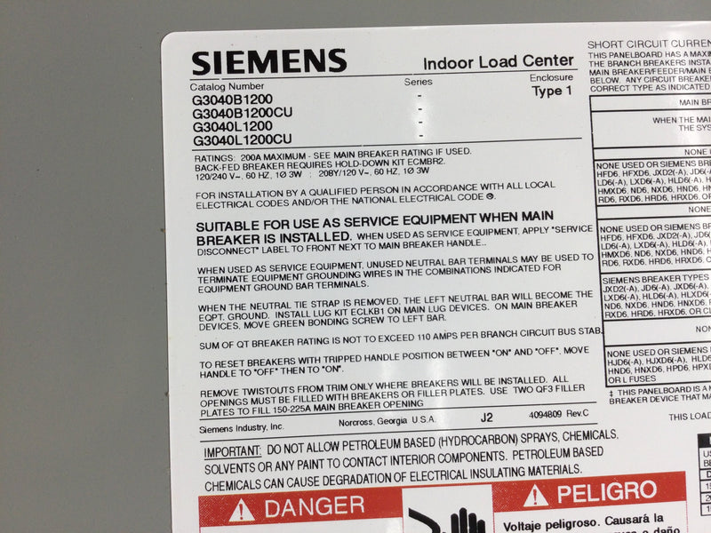 Siemens G3040B1200 200 Amp 120/240v Type 1 Indoor Load Center Cover On
