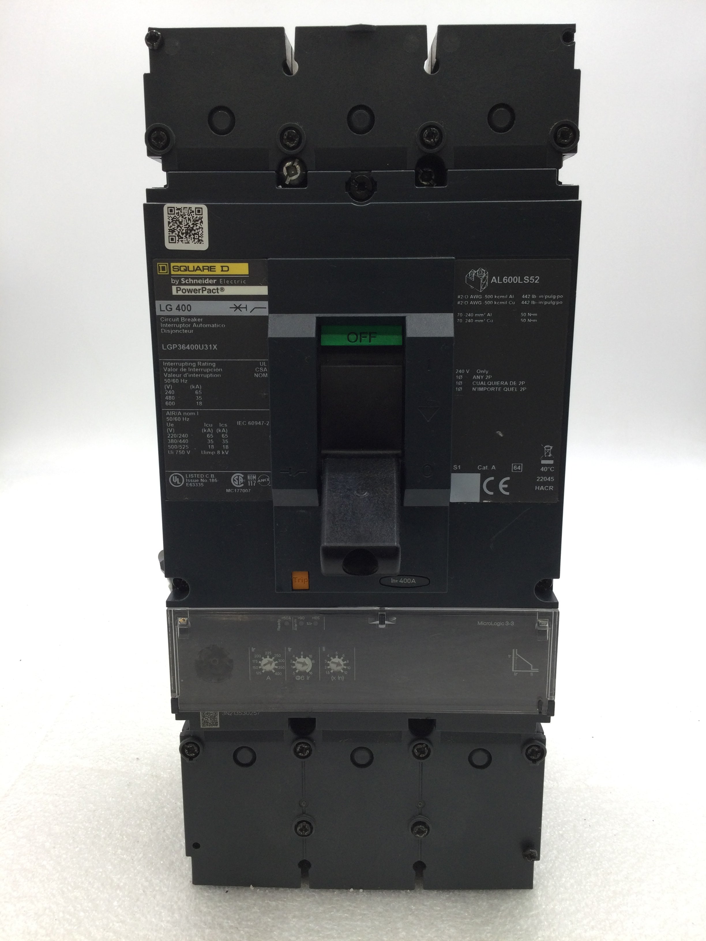 Square D LGP36400U31X 400 Amp 3 Pole 600V PowerPact LG400 Circuit Brea