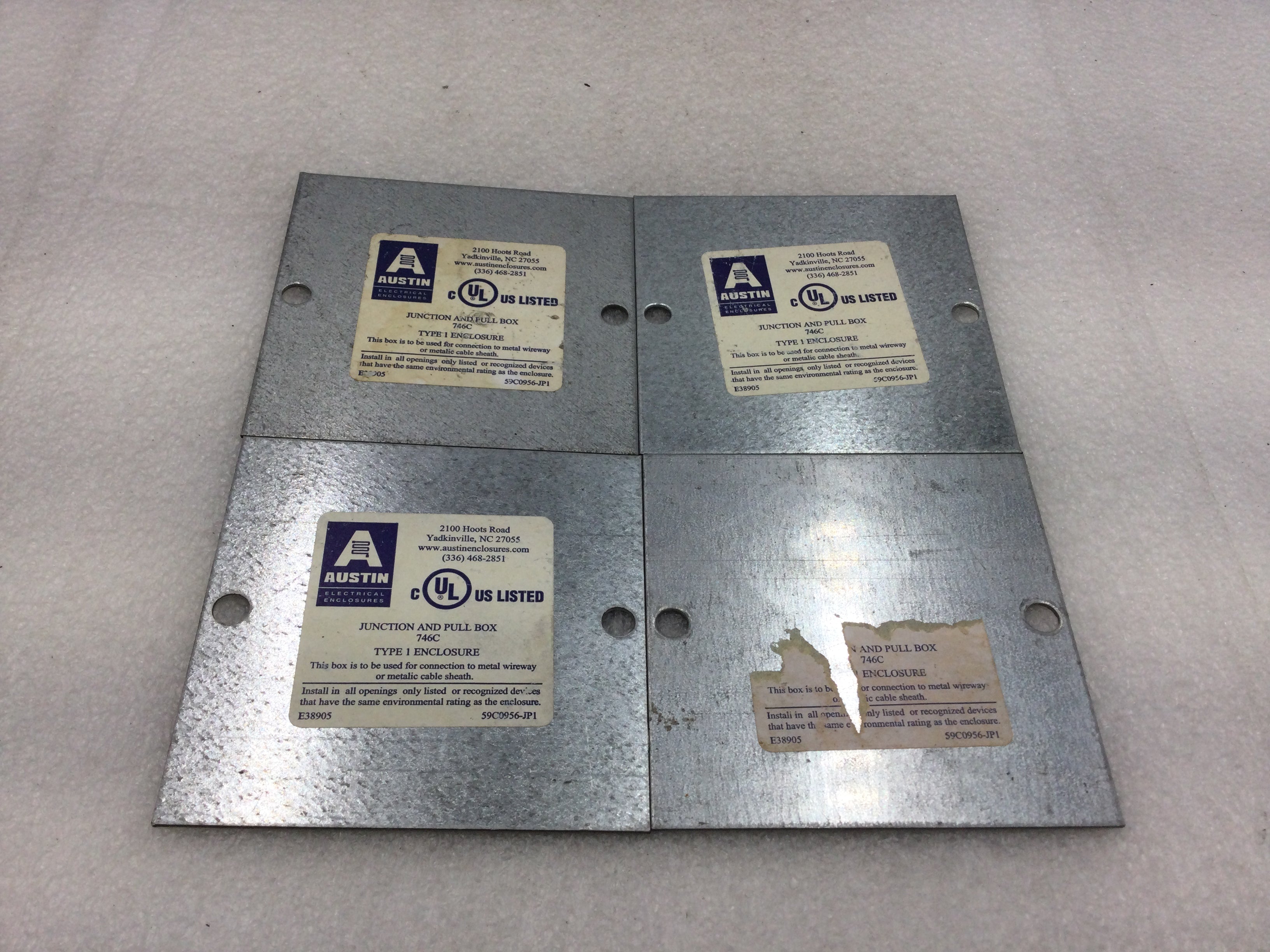 Lot of 4 Austin Electrical 4" Square Cover Plate for 746C Junction Box