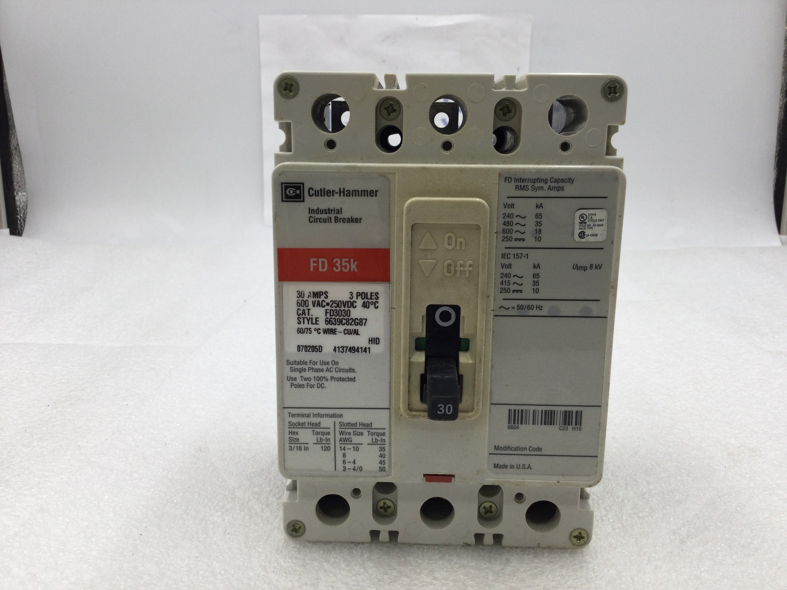 Cutler-Hammer FD3030 30 Amp 600 VAC 3 Pole 35k Red Label Circuit Break