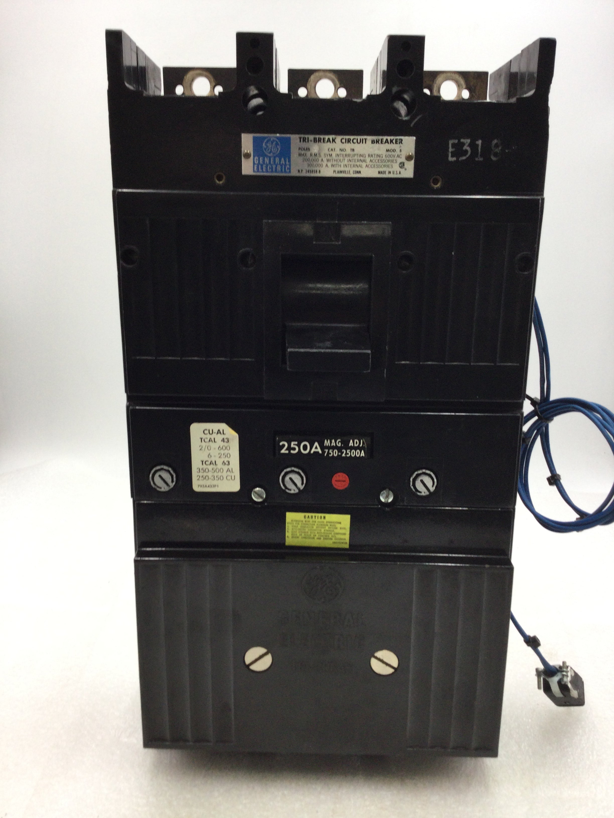 GE TB43F 250 Amp 3 Pole 600V Tri-Break Circuit Breaker w/Shunt Trip