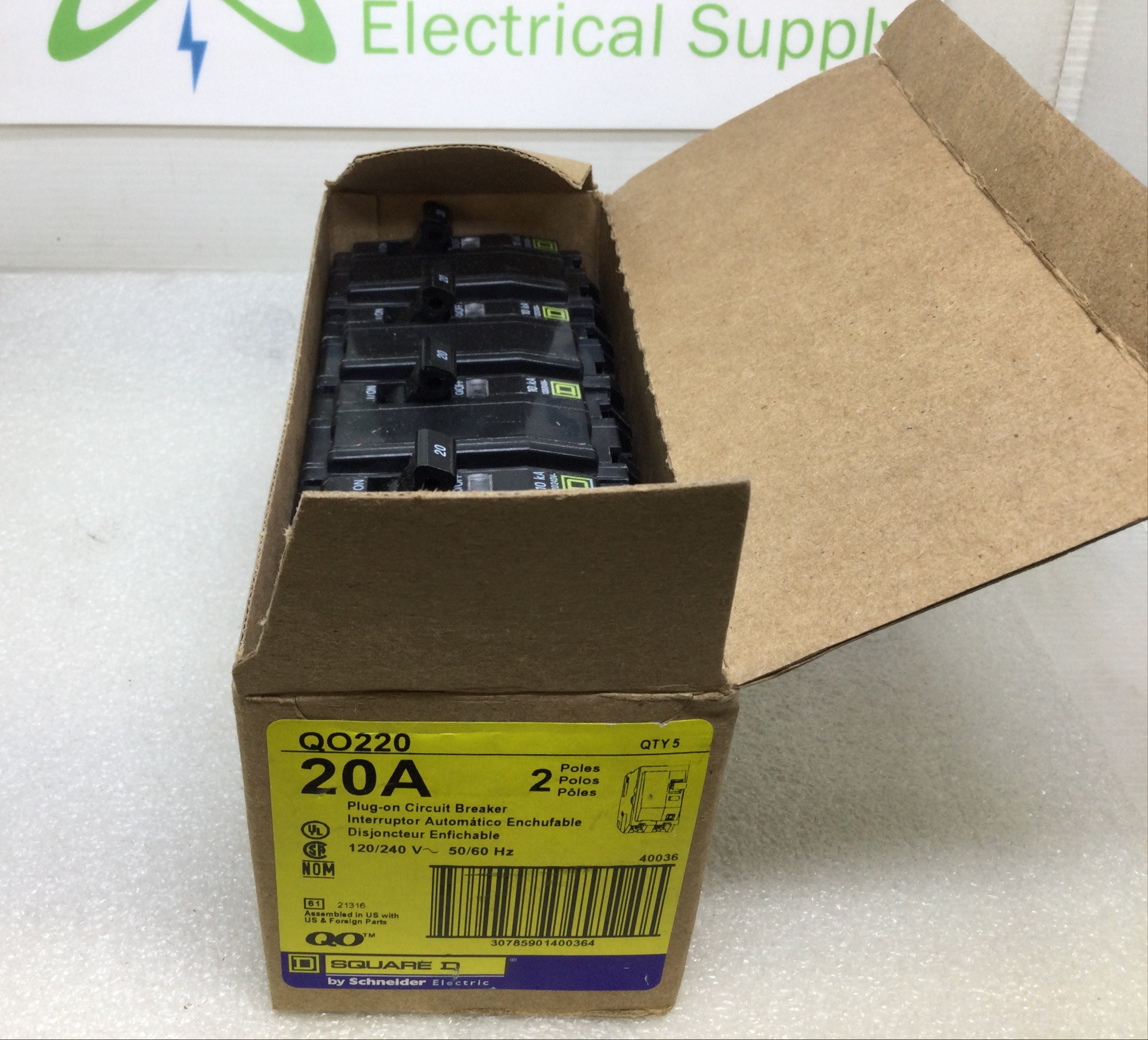 Square D QO220 20 Amp 2 Pole 120/240V Circuit Breaker - Yellow Face