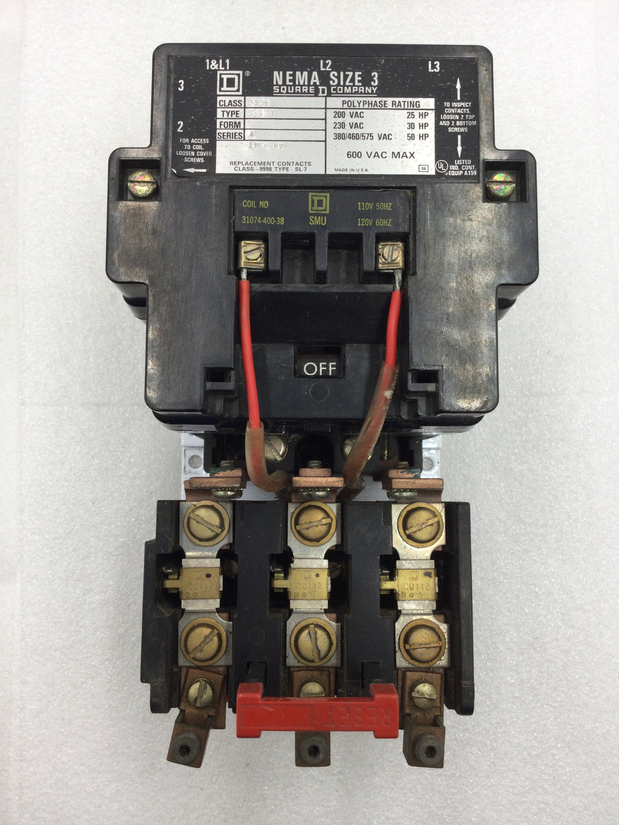 Square D 8536SEG1 Motor Starter NEMA Size 3 200-575 VAC 25-50 HP with