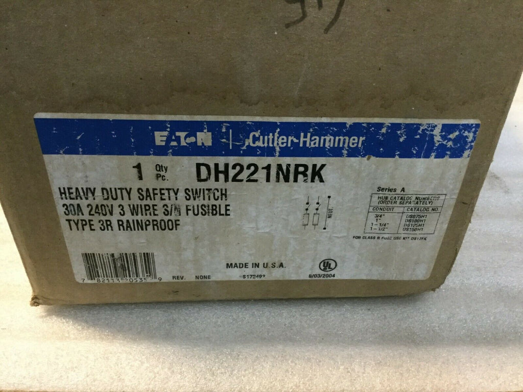 Eaton Dh221nrk, Safety Switch, 2p, 30a, 240v, Nema3r, Fusible